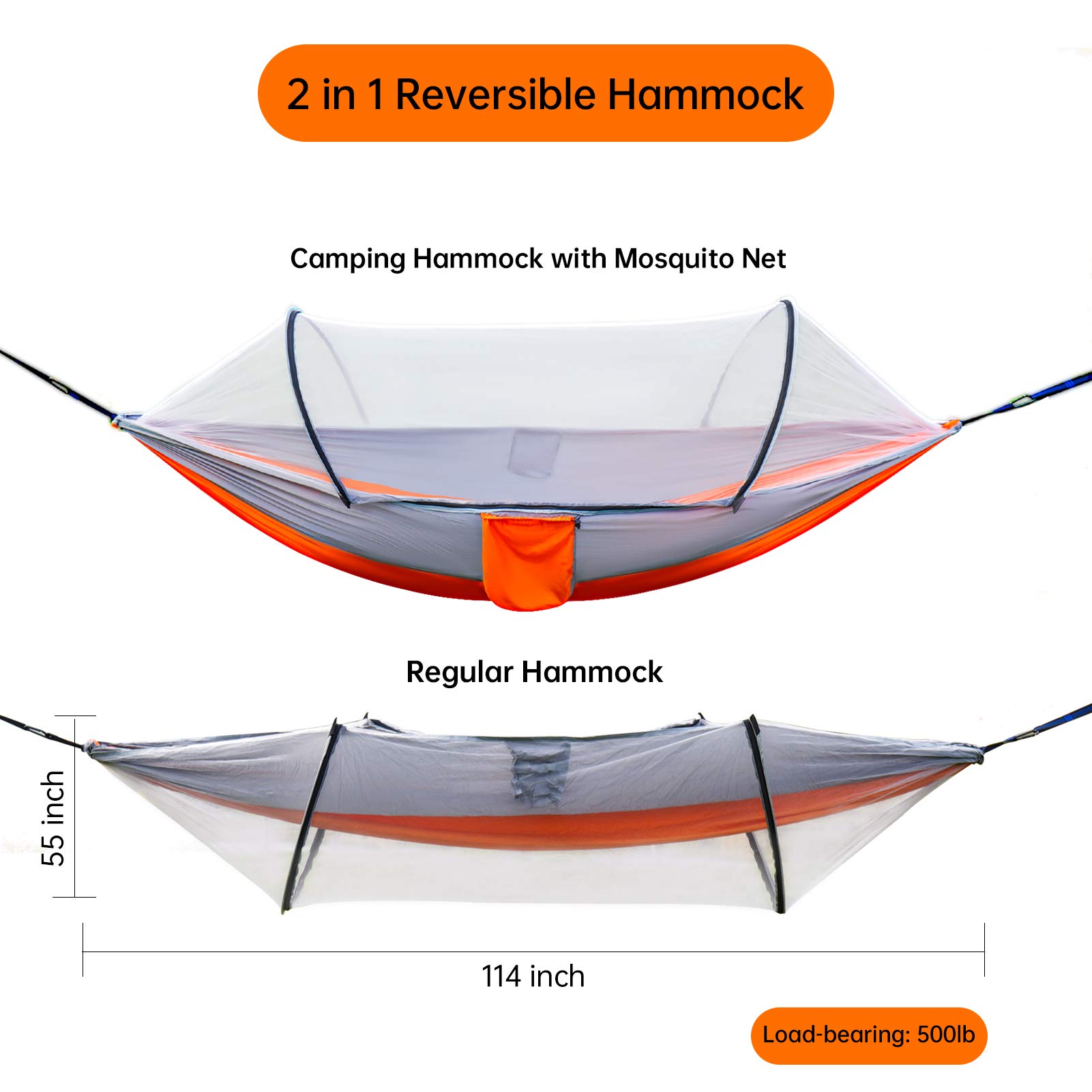 Large Camping Hammock with Mosquito Net, Lightweight Double & Single Hammock Tent for Camping Portable Travel Hammock Sturdy and 500lb Load-Bearing for Outdoor Hiking Backpacking Backyard Patio