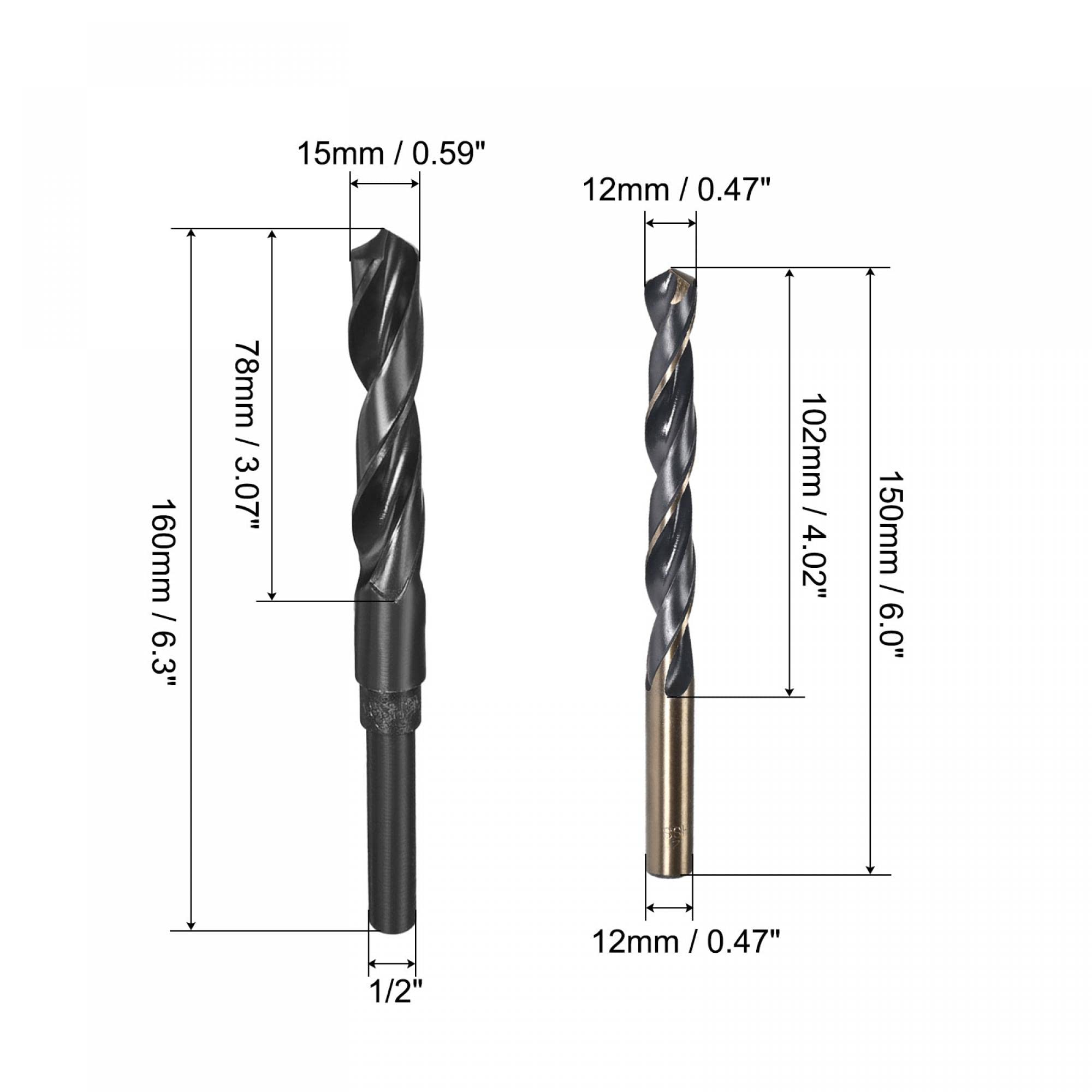 uxcell Drill Bits 12mm HSS 4341 with 12mm Shank, 15mm HSS 9341 with 1/2 Inch Shank