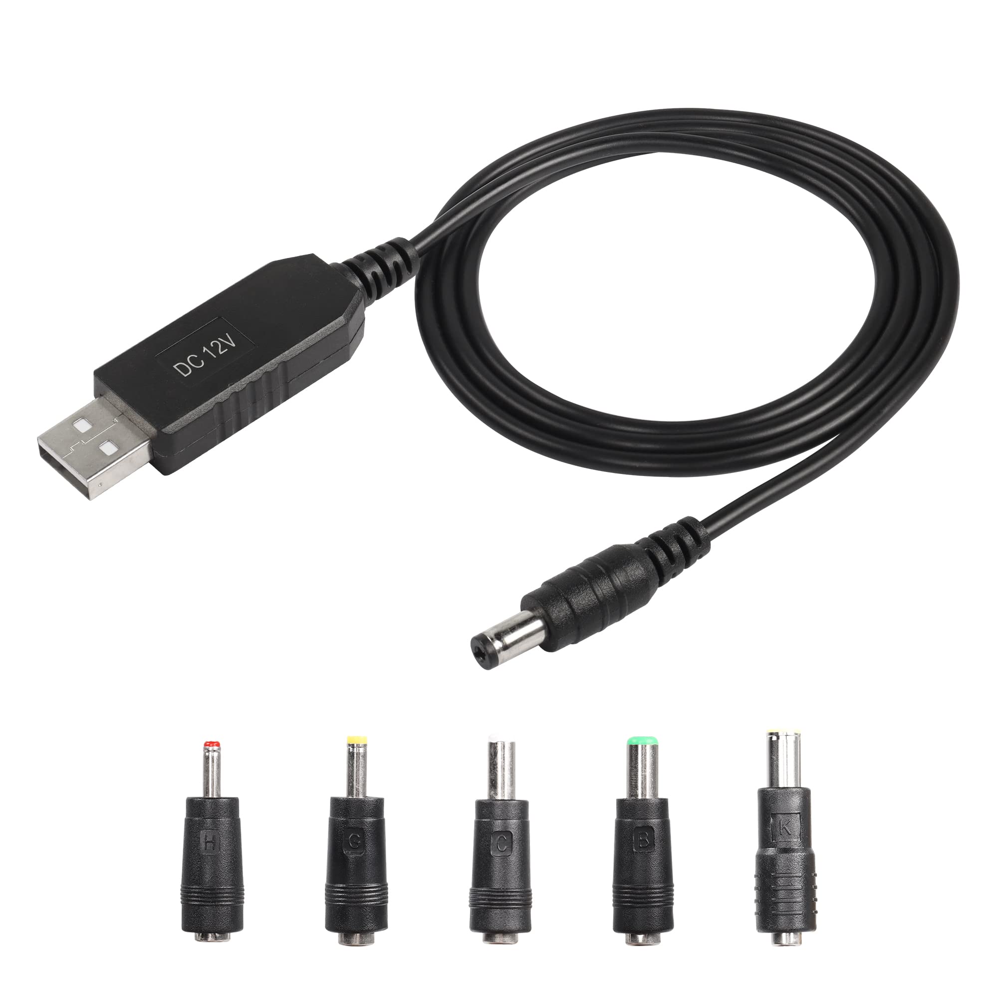 SinLoon 3.28ft USB 5V to DC 12V Converter Step Up Voltage Converter Power Cable USB to 5.5 x 2.1mm Barrel Connector DC Power Cable with 5 Connectors Adapter for Router, Mini Fan, Camera, Phone(5521)