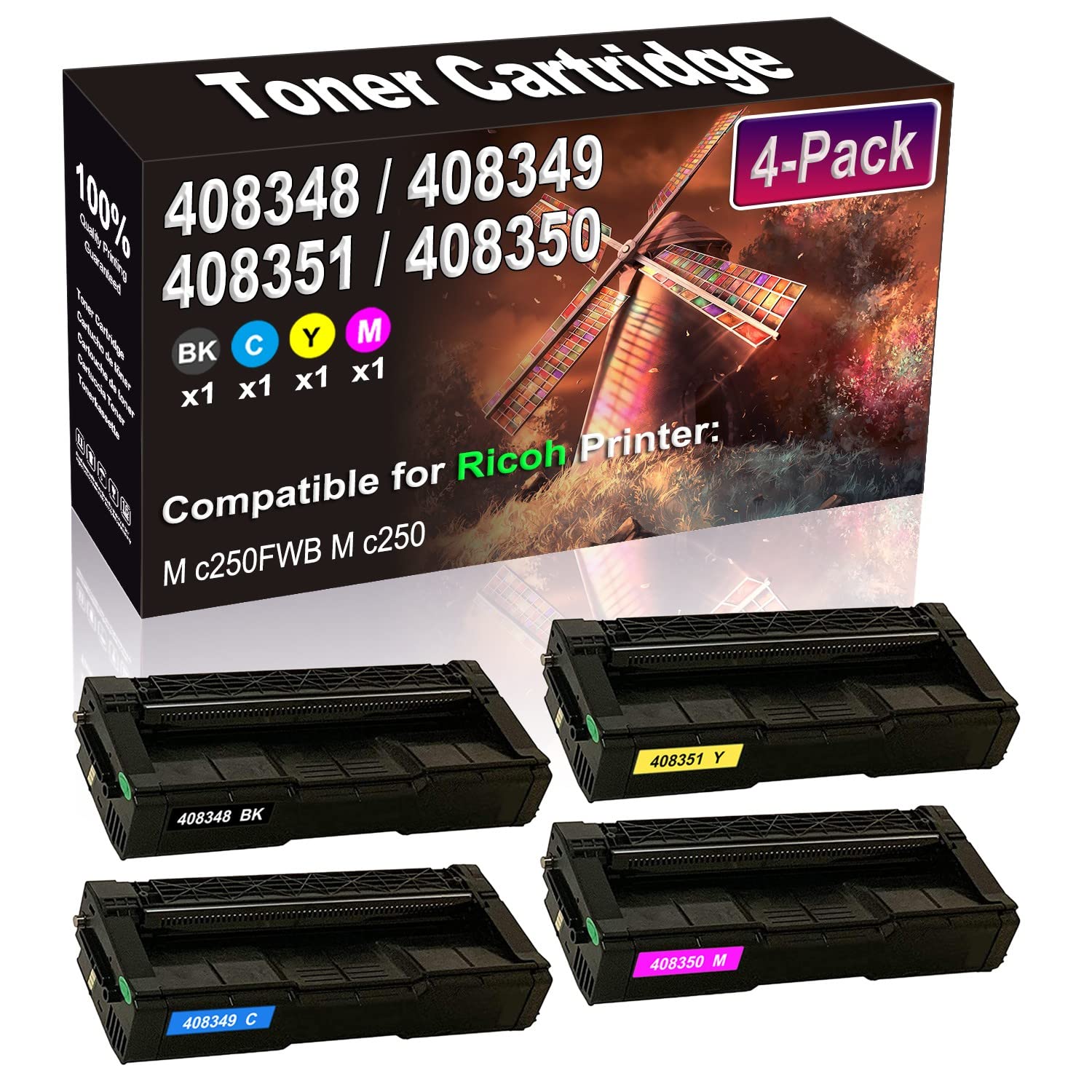 Kolasels 4-Pack (BK+C+Y+M) Compatible M c250FWB M c250 Toner Cartridge (High Capacity) Replacement for Ricoh M C250 408348 408349 408351 408350 Printer Cartridge