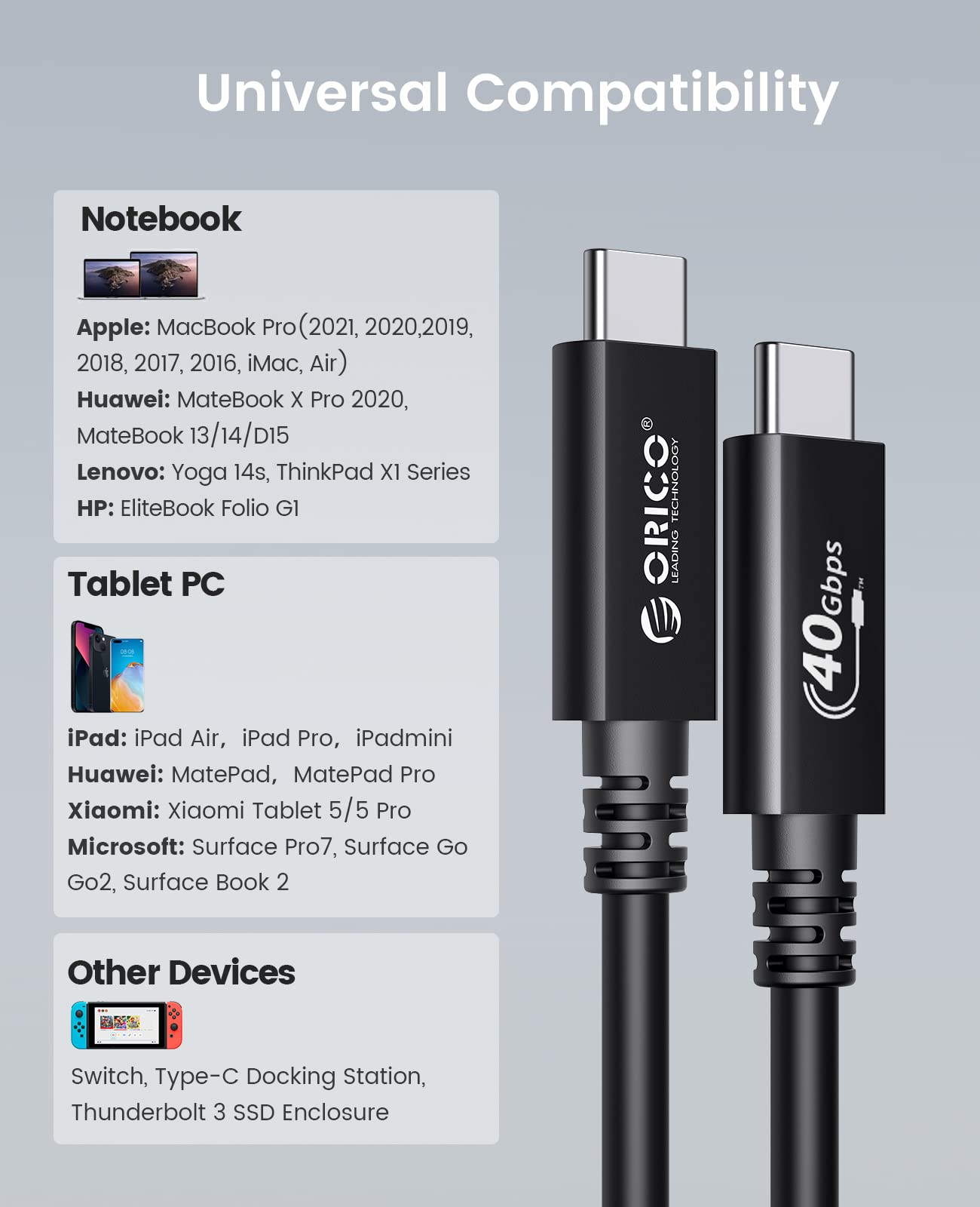 ORICO IF Certified USB4 Cable Compatible with Thunderbolt 3, 40Gbps USB C Cable 2.62Ft, 100W PD, 8K@60Hz（Dual 4K@ 60Hz for Thunderbolt Cable, MacBook, DELL XPS, Surface Pro,USB C-Device