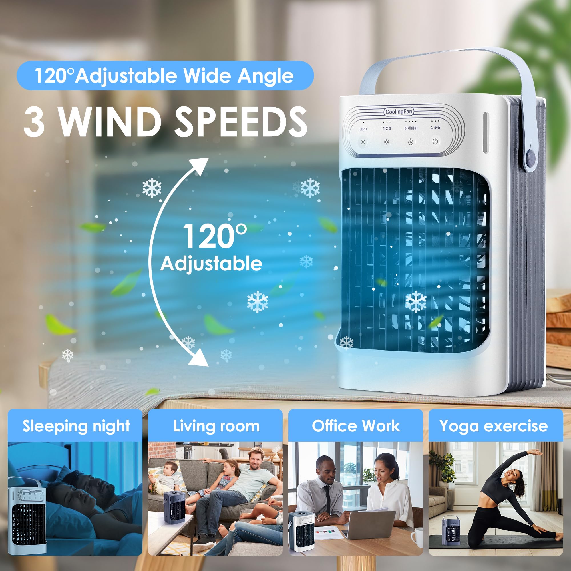 TAKSHO Portable Air Conditioner 3 Cold Wind Speeds-3 Mist Levels, 7 Color-Changing LED Lights - 10W&900ml Water Tank, USB-Powered Evaporative Air Cooler Unit with 2-8 Hour Timer, portable cooling fan