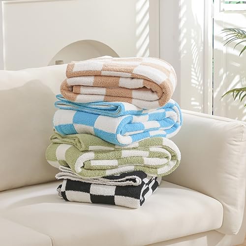 WESHIONGOO Brown Checkered Blanket Knit Throw Blanket with Checkerboard Reversible Chessboard Gingham Plush Cozy Warm Decor for Couch Bed Sofa(50"×60" inch)