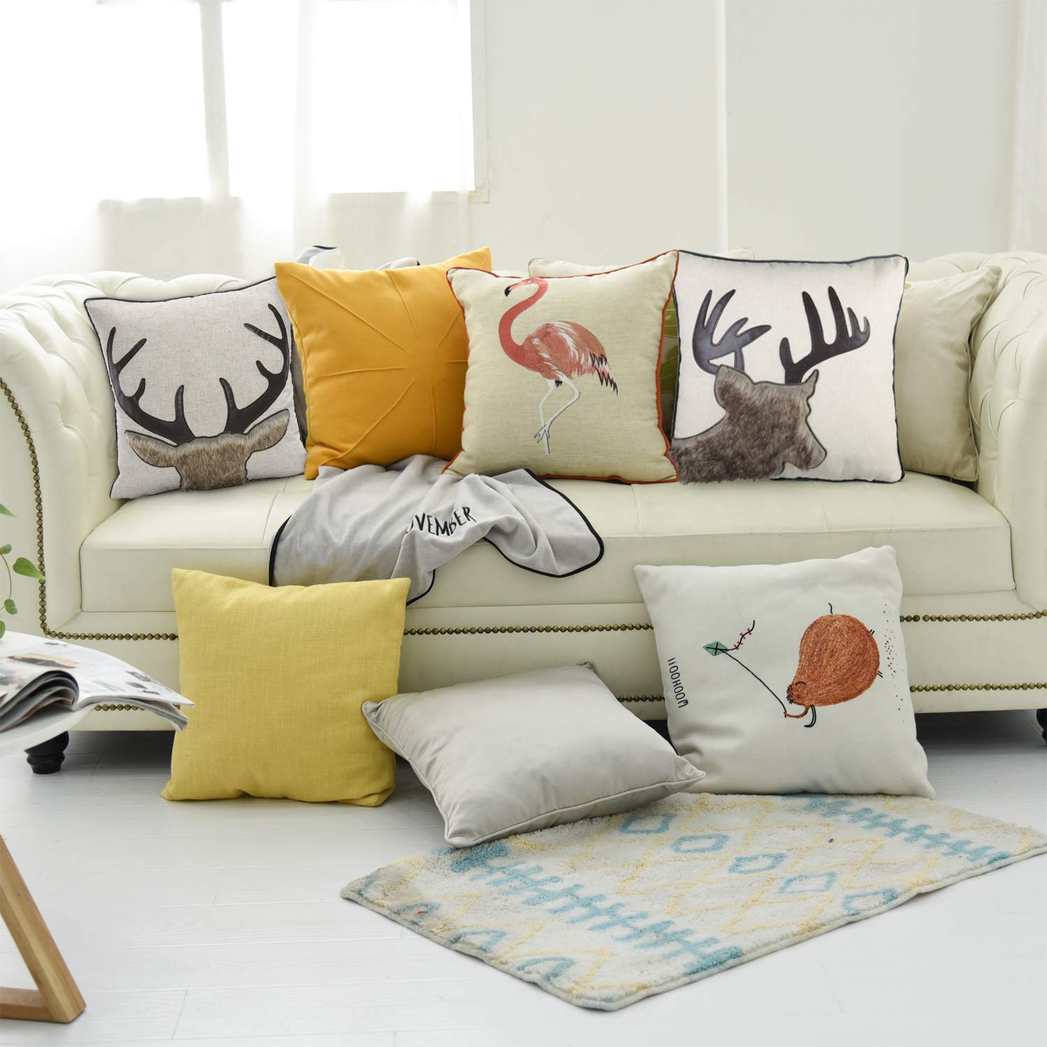 Little Funny Deer Throw Pillow Covers Farmhouse Deer Head Couch Pillow Decorative Linen Fur Deer Throw Pillow Case for Bed, Sofa, 18x18 Inch (Pack of 2)