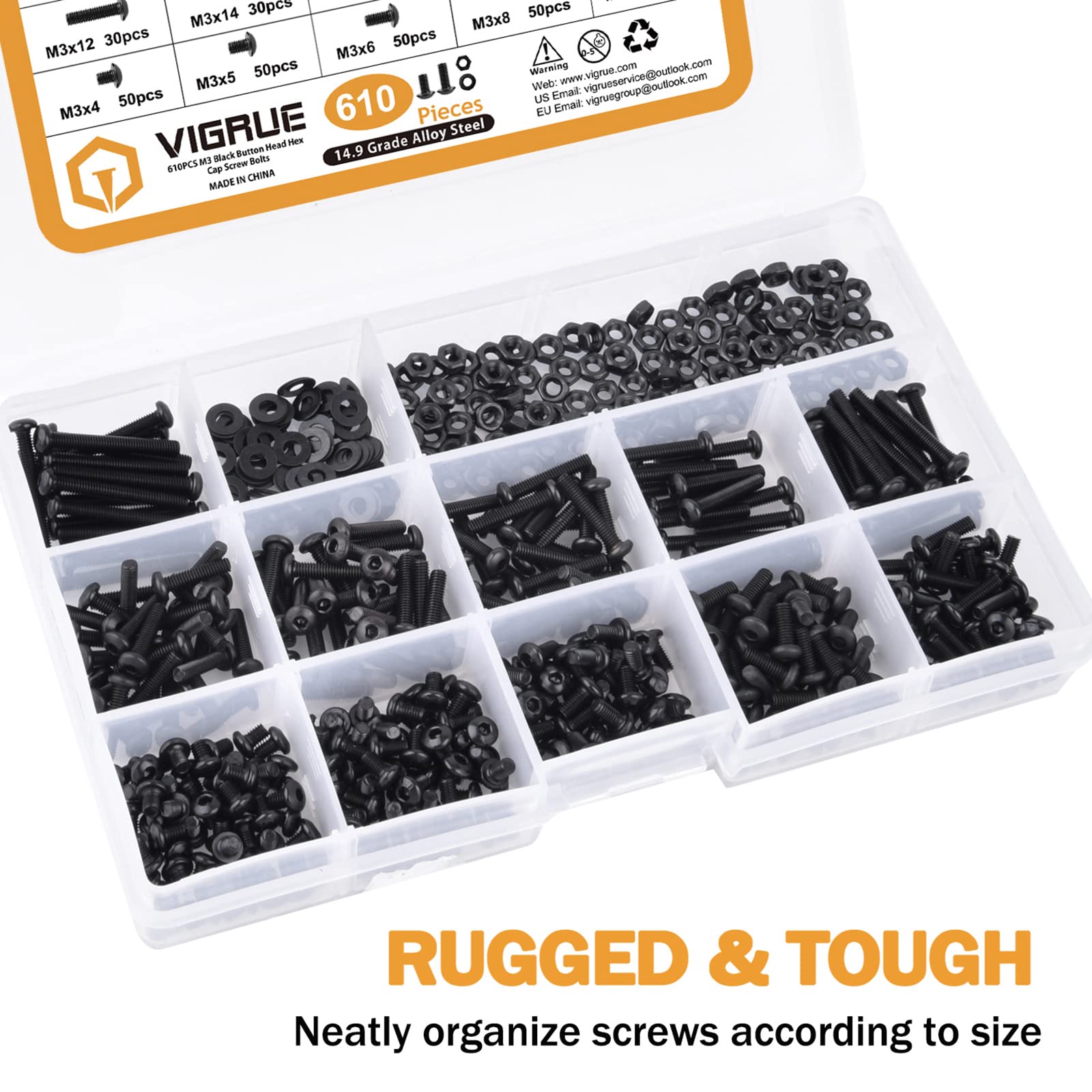 VIGRUE M5 x 10/12/16/25/30/35mm Button Head Screws, 328PCS 10.9 Grade Alloy Steel M5 Hex Socket Cap Machine Screws Bolts Nuts Washer Assortment Kit