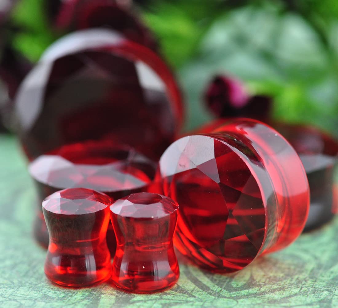 Pair of Red Faceted Glass Double Flare Plugs (PG-568) (00g (10mm))