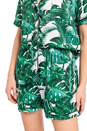 JULGIRL Women's Silk Satin Pajamas Short Sleeve Shorts Loungewear Two-Piece Button-Down Pj Set (X-Large, Palm Leaves)