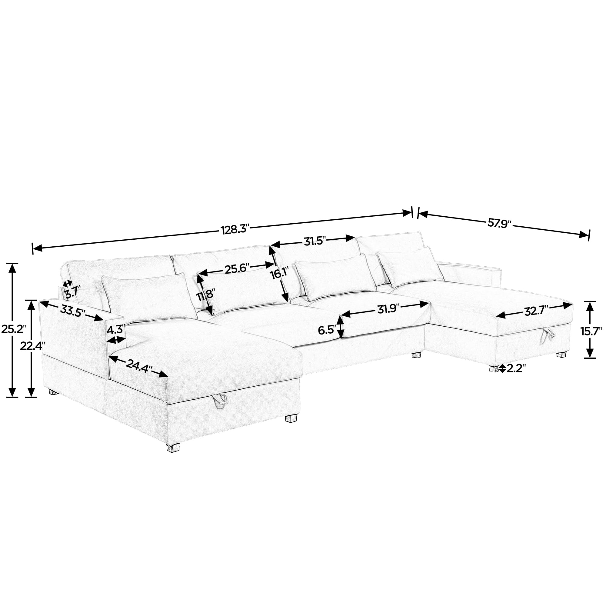 JULYFOX U Sectional Couch with 2 Storage Lounge Chaise, 128 inch Wider Sectional Sofa with 58 in Long Chaise Storage Box Underneath Thick Padded Seat Back Cushions Mid Century Modern,Beige