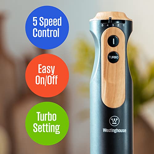 Westinghouse Scandinavian Design Immersion Blender, 500W w/ 5-Speed Precision Control, Turbo Mode, & Detachable Shaft - For Shakes, Smoothies, Soups, Puree, & More - Black w/Wood Finish, One Size