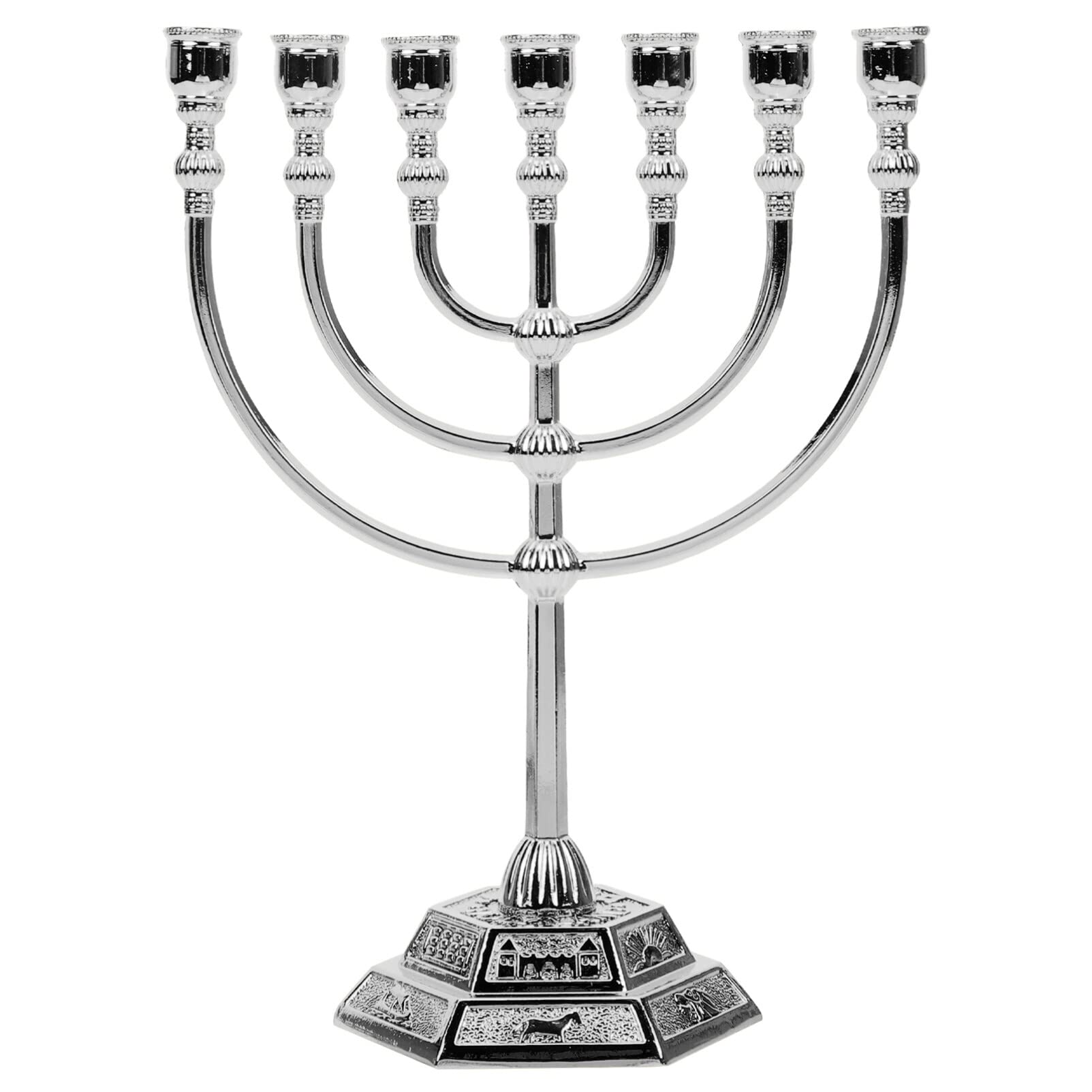 Milisten Traditional Jewish Menorah 7 Branch Candle Sticks Holder Jerusalem Temple Candle Holder 7 Branch Holy Land Table Centerpiece Home Decor 17cm Silver