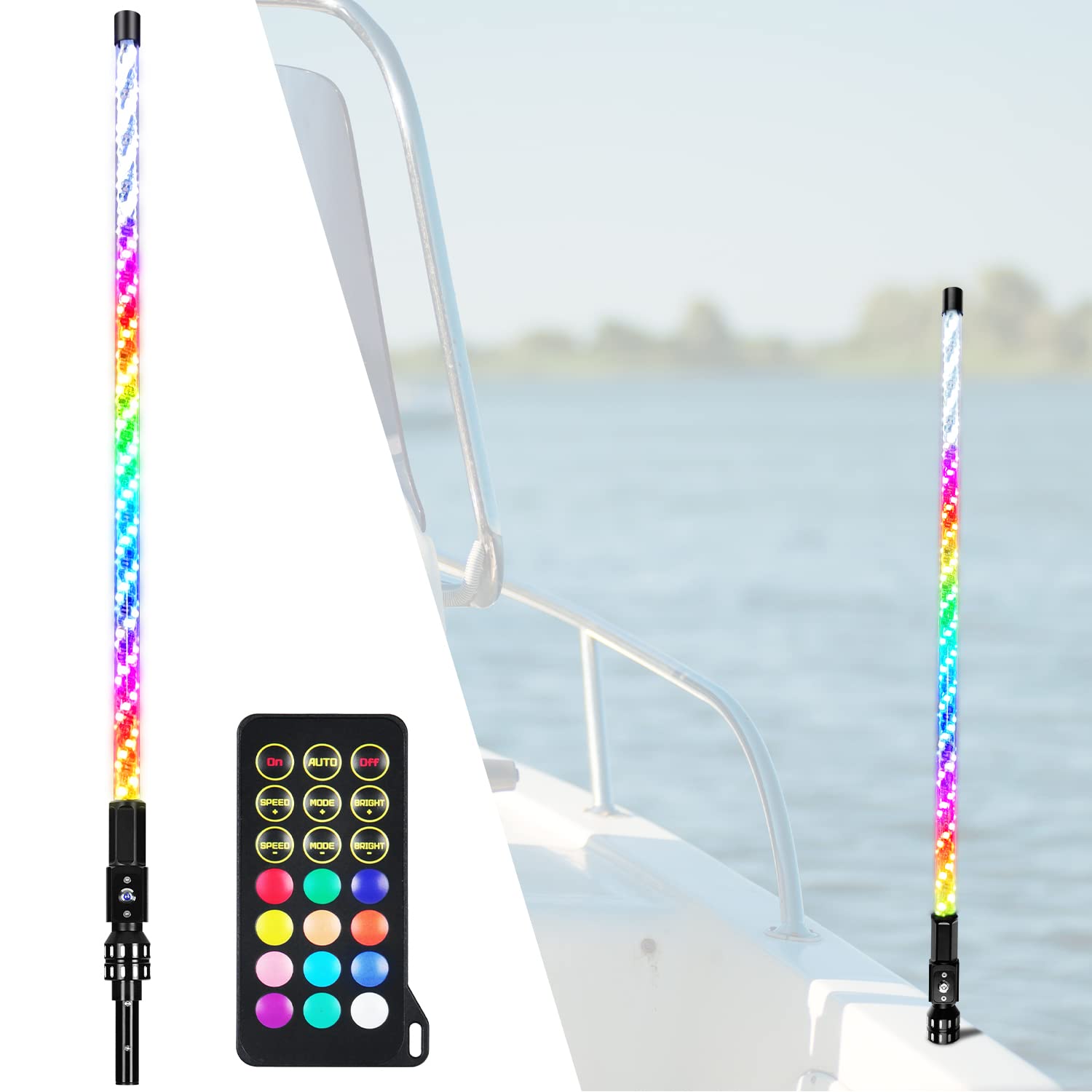 omotor 3ft Plug-in Base Boat Whip Navigation Anchor Boat Light Spiral RGB Chase Light 360° Spiraling Rising Dream Wrapped Dancing Boat Whip
