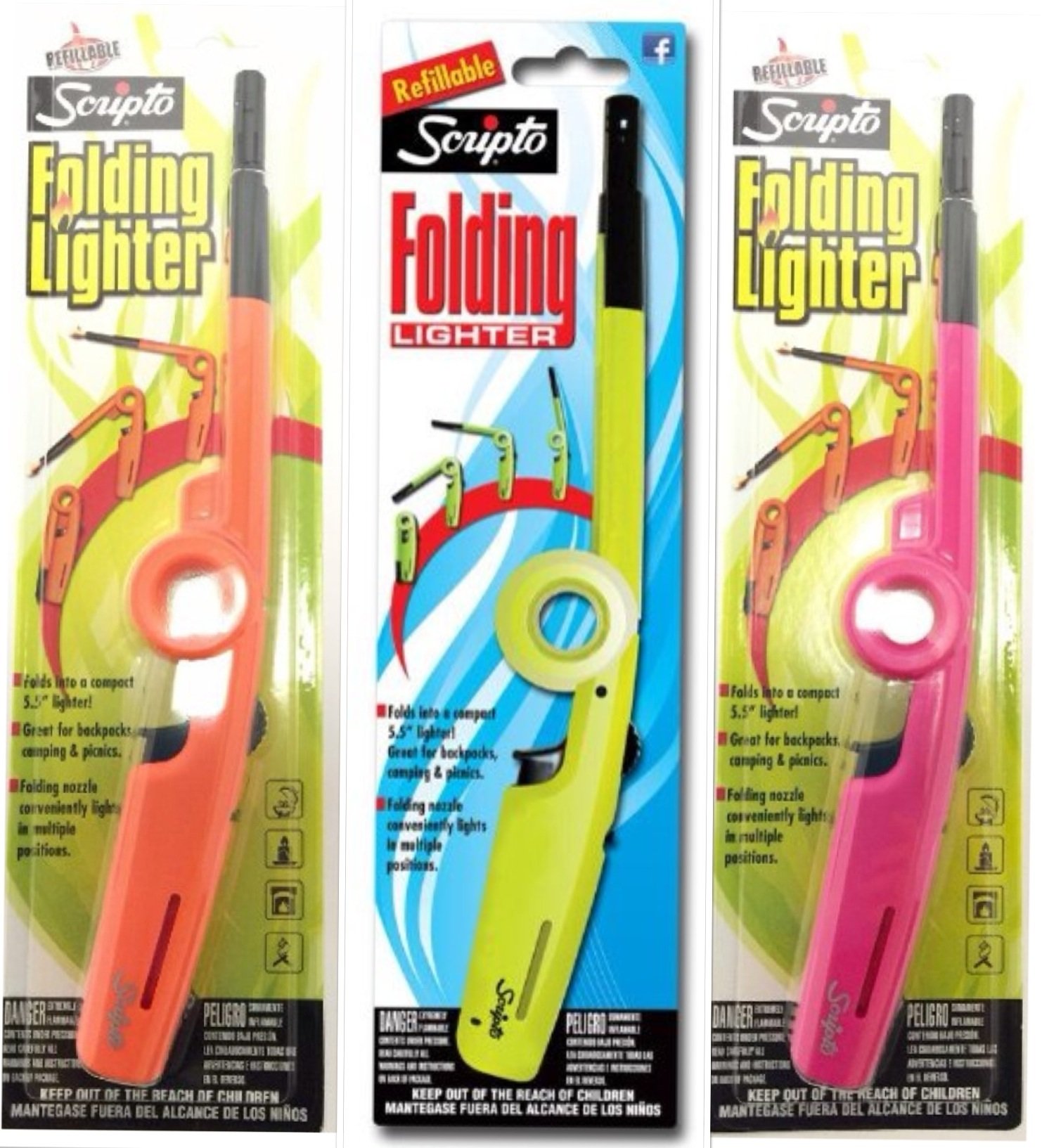 Scripto 3 Pack Combo - 3 Random color Scripto "Refillable" Folding Lighter Safe for Camping/grilling/home, Adjustable Flame