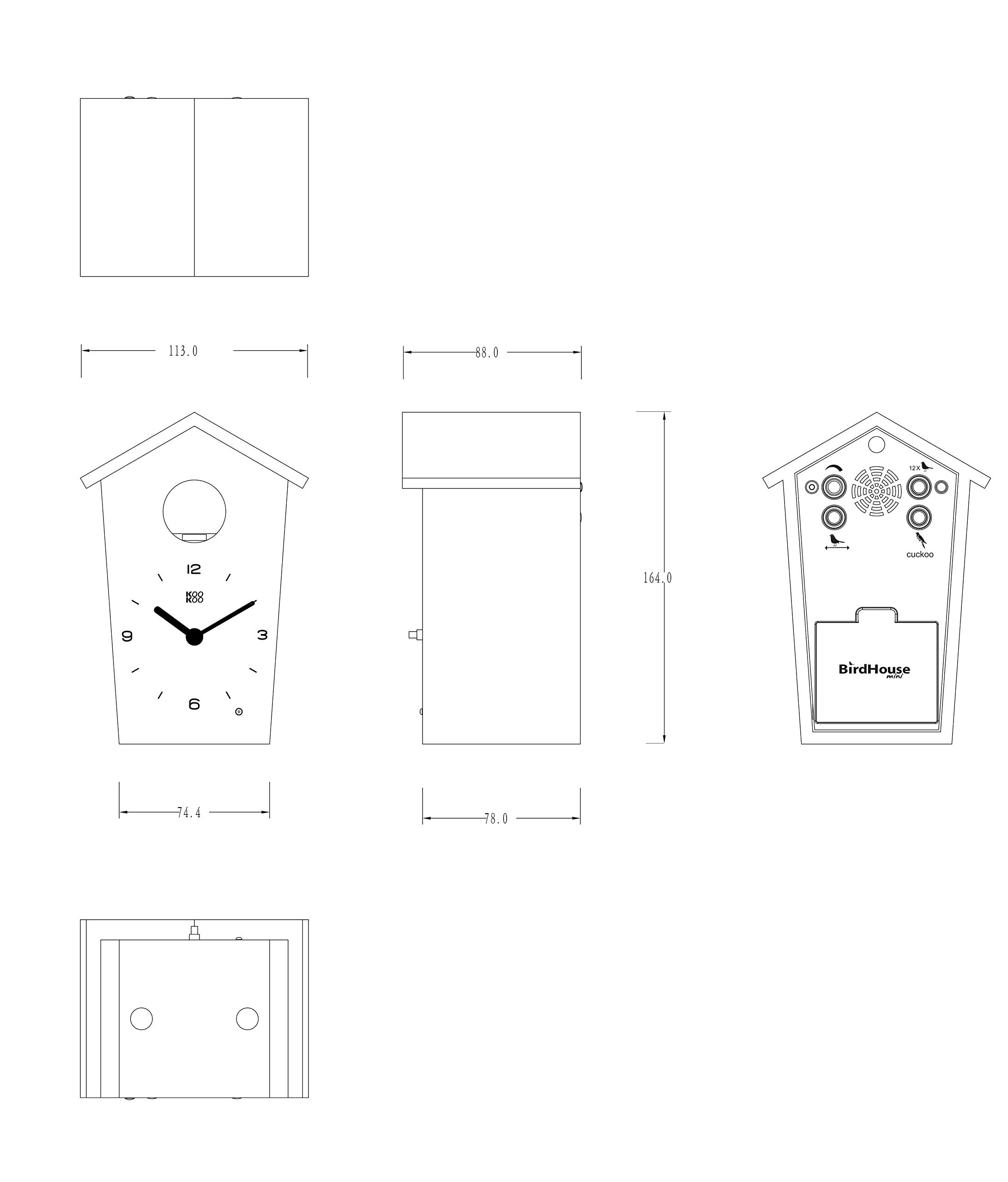 KOOKOO BirdHouse mini black, tiny modern cuckoo clock with 12 natural bird songs or cuckoo call