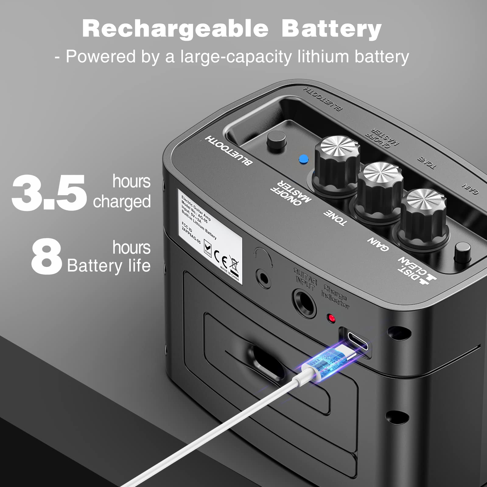POGOLAB Mini Guitar Amp, 5W Small Portable Electric Guitar Amplifier, Clean & Distortion Effects 2 Channels, Rechargeable Bluetooth Speaker with Headphone Jack, for Daily Guitar Practice (Black)