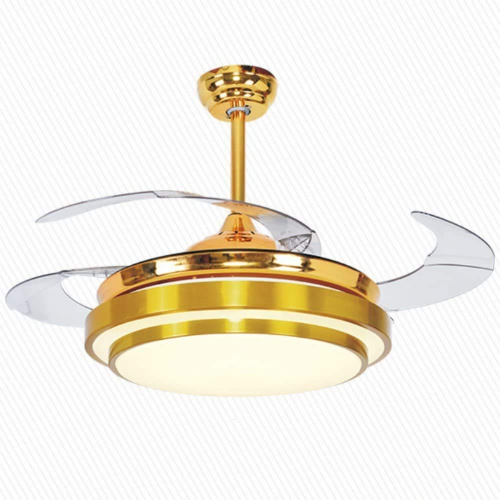 Lighting Groups 42" Retractable Reversible Ceiling Fans with LED Light Remote Control 4 Invisible Clear ABS Blades Livingroom Diningroom Fan Chandelier Indoor Ceiling Light Kits with Fans (Gold-01)