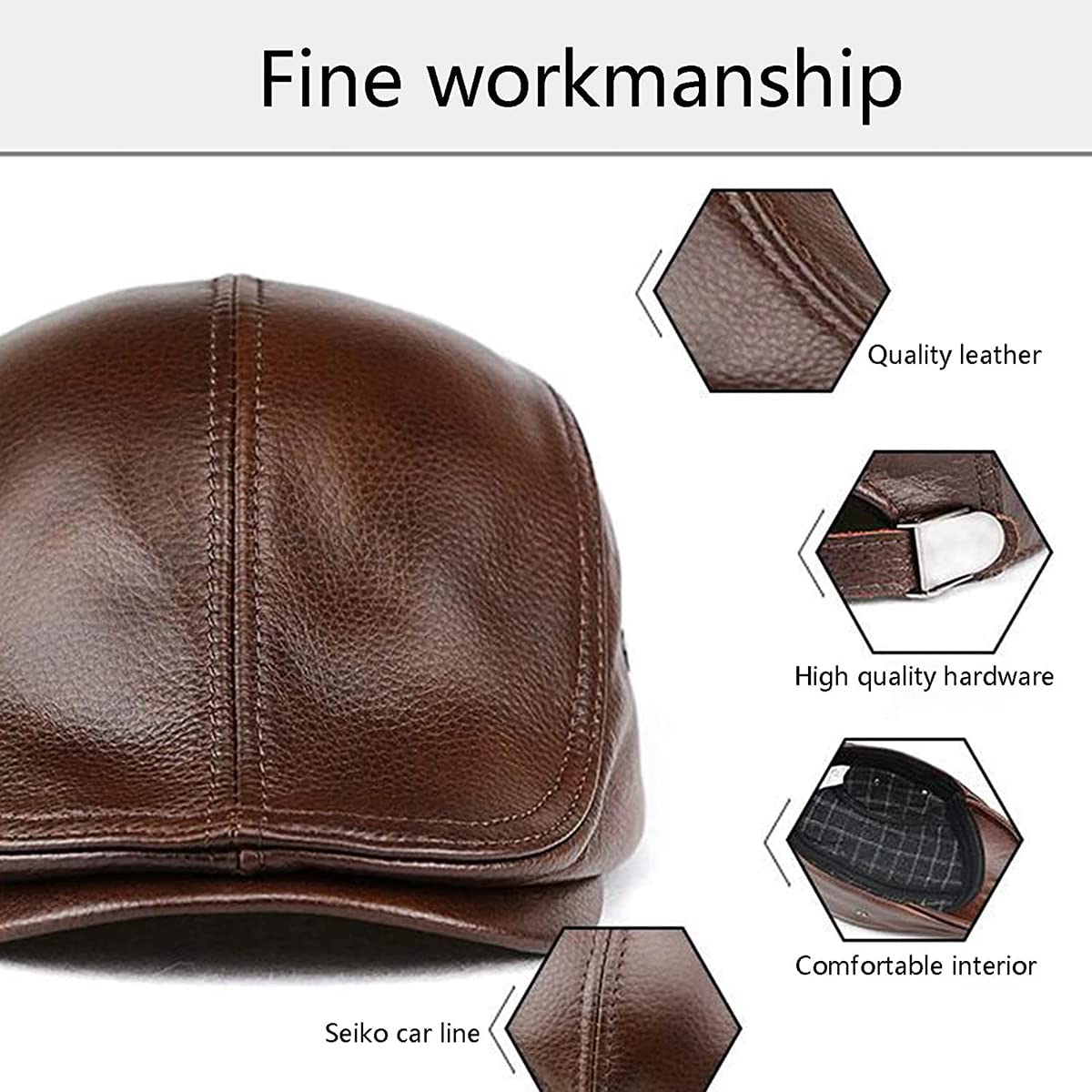 Ogvpe Men's Adjustable Leather Hat Fashion Spring Newsboy Cap Hat Leather Ivy Cap Beret Hat Flat CapGift for Dad Boyfriend Brown