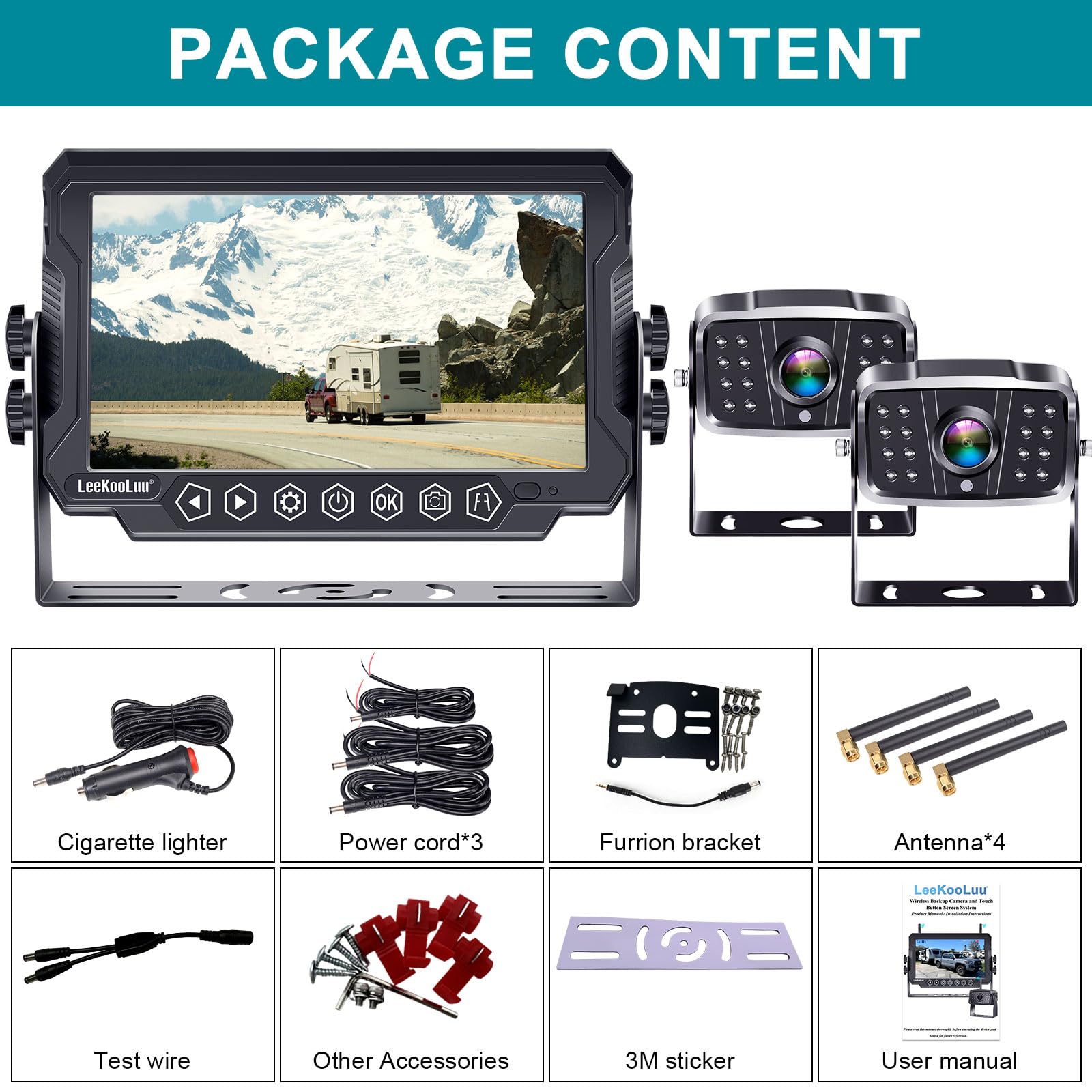 LeeKooLuu RV Backup Camera Wireless 7 Inch Monitor DVR Touch Key 2 Rear View Camera System Digital Signals for Trailers Motorhome 5th Wheels Pigtail Wire Adapter for Furrion Pre-Wired RVs F07