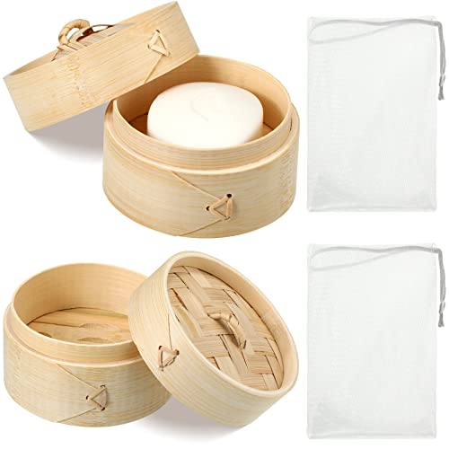 Natural Bamboo Soap Bar Holder with Lid Soap Dish Drain Foaming Net Shampoo Container Soaps Bar Box Wood Soap Tray Soap Saver Handmade Soap Case for Bathroom Shower Kitchen (6 Pcs,3.9 Inch)