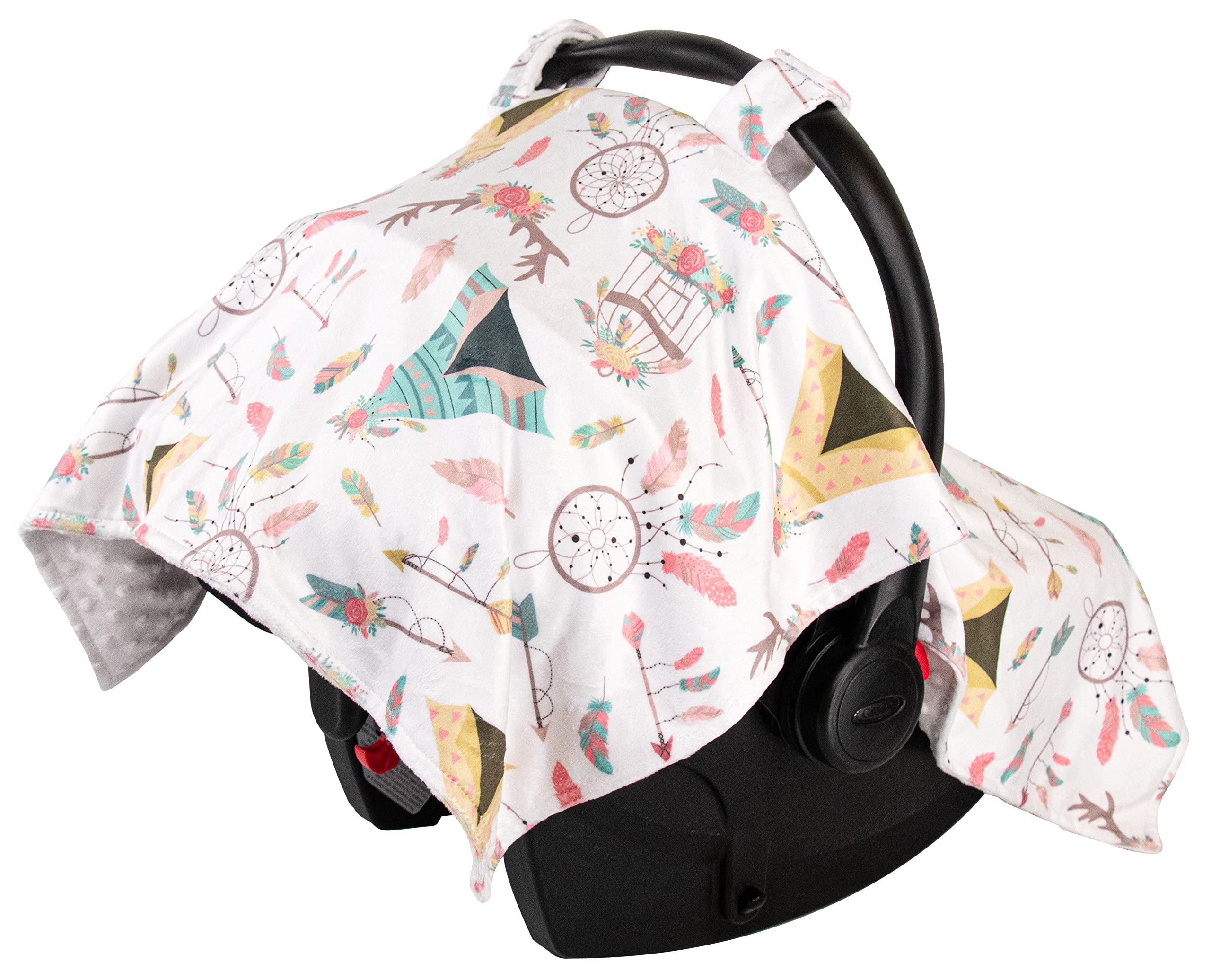 Top Tots Deluxe Minky Baby Car Seat Cover - Owls and Arrows, 40 x 29 Inch Peach