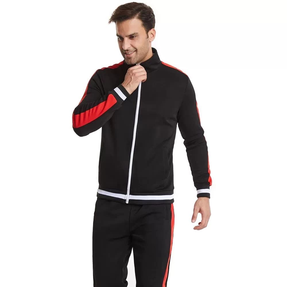 LeerKing Men's Tracksuit Activewear Joggers Sports Set Full Zip Sweat Suit for Training Workout Youth Teens,Black & Red,M