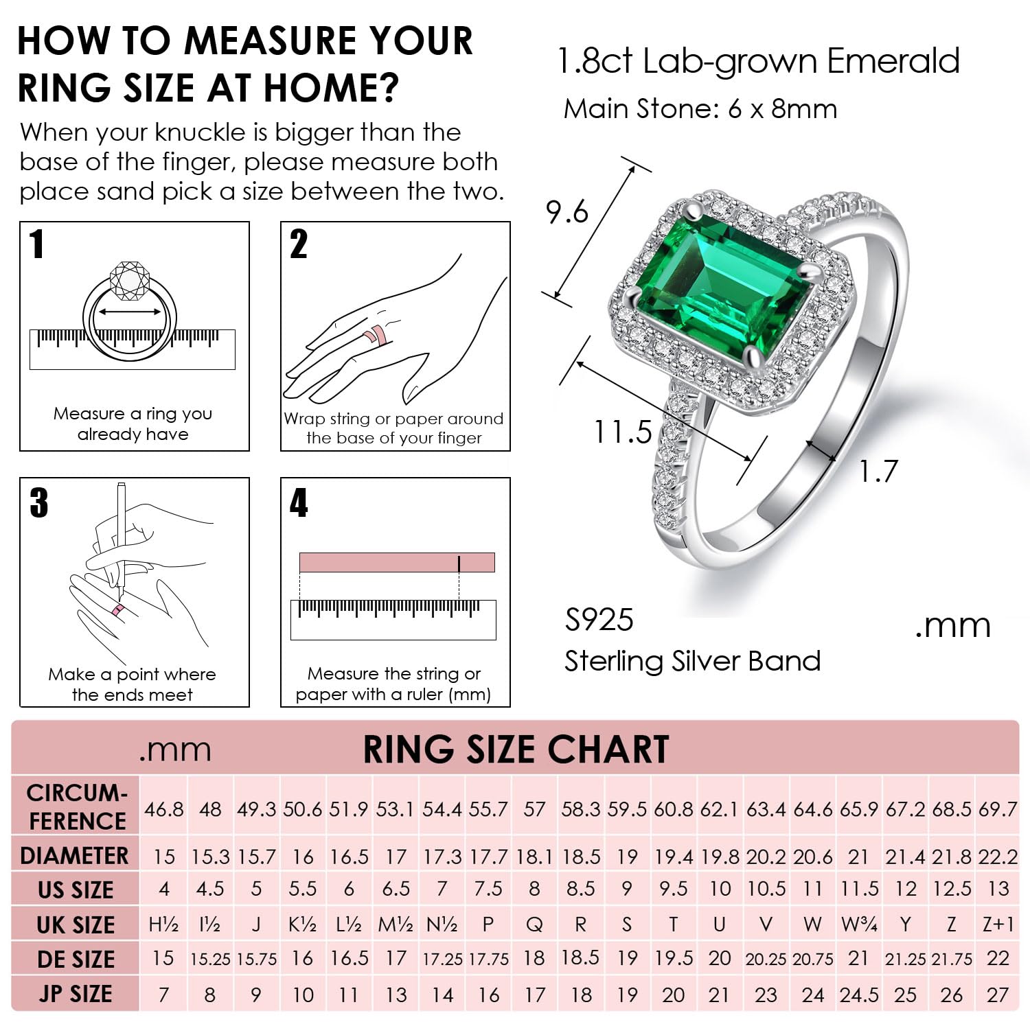 Michooyel S925 1.8ct Lab-grown Emerald Ring Halo Diamond Bands Engagement Ring Wedding Ring Sterling Silver Cubic Zirconia Fine Jewelry For Women