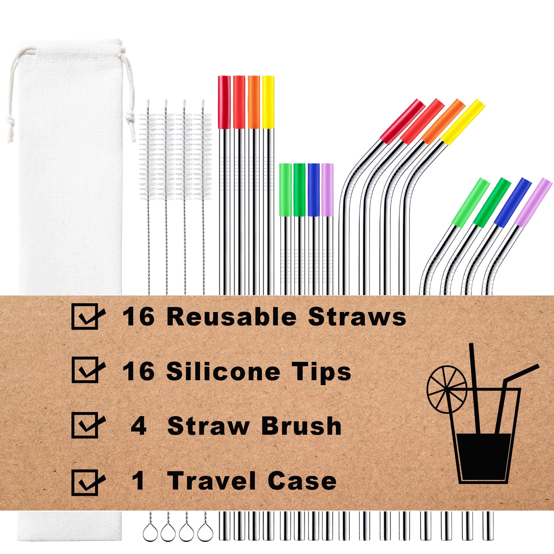 Reusable Stainless Steel Straws -16 Pack 10.5" & 8.5" Reusable Straws with 4 Straw Cleaner Brush and 16 Silicone Tips with 1 Travel Case, Eco Friendly Extra Long Metal Straws for 20 24 30 oz Tumbler