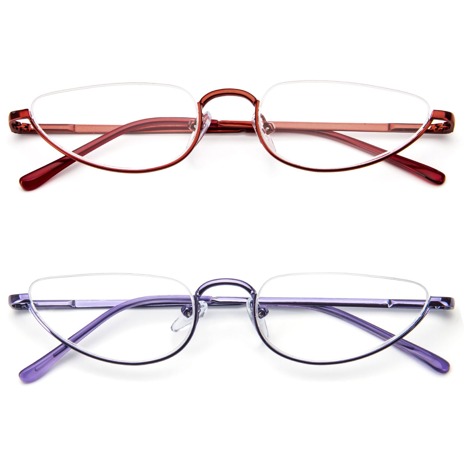 KoKoBin Half Reading Glasses for Men Women,Half Moon Metal Frame Lens Spring Hinge Readers, Purple+Red 2.00