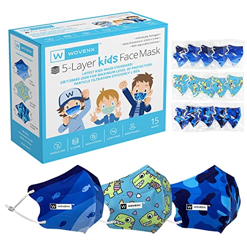wovenx 5 Ply Small Kids Face Mask for 2-3 Year Olds, 15 Pack, With Adjustable Earloops, Individually Packaged, Disposable (Boys Masks: Dinosaur, Fishes, Camouflage)