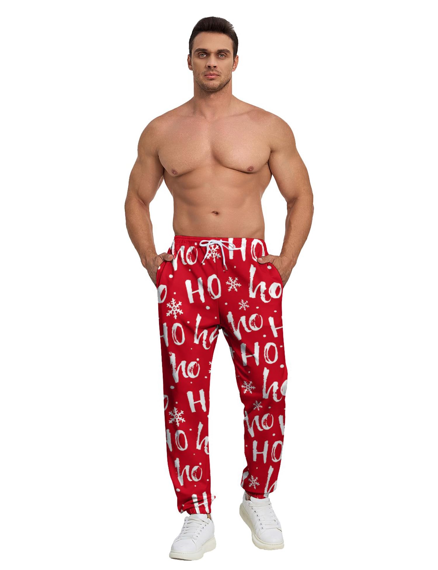 QINGXUN mens Lightweight Pockets Casual Sports Workout Running Pants, Hohoho's Pattern Christmas, Large