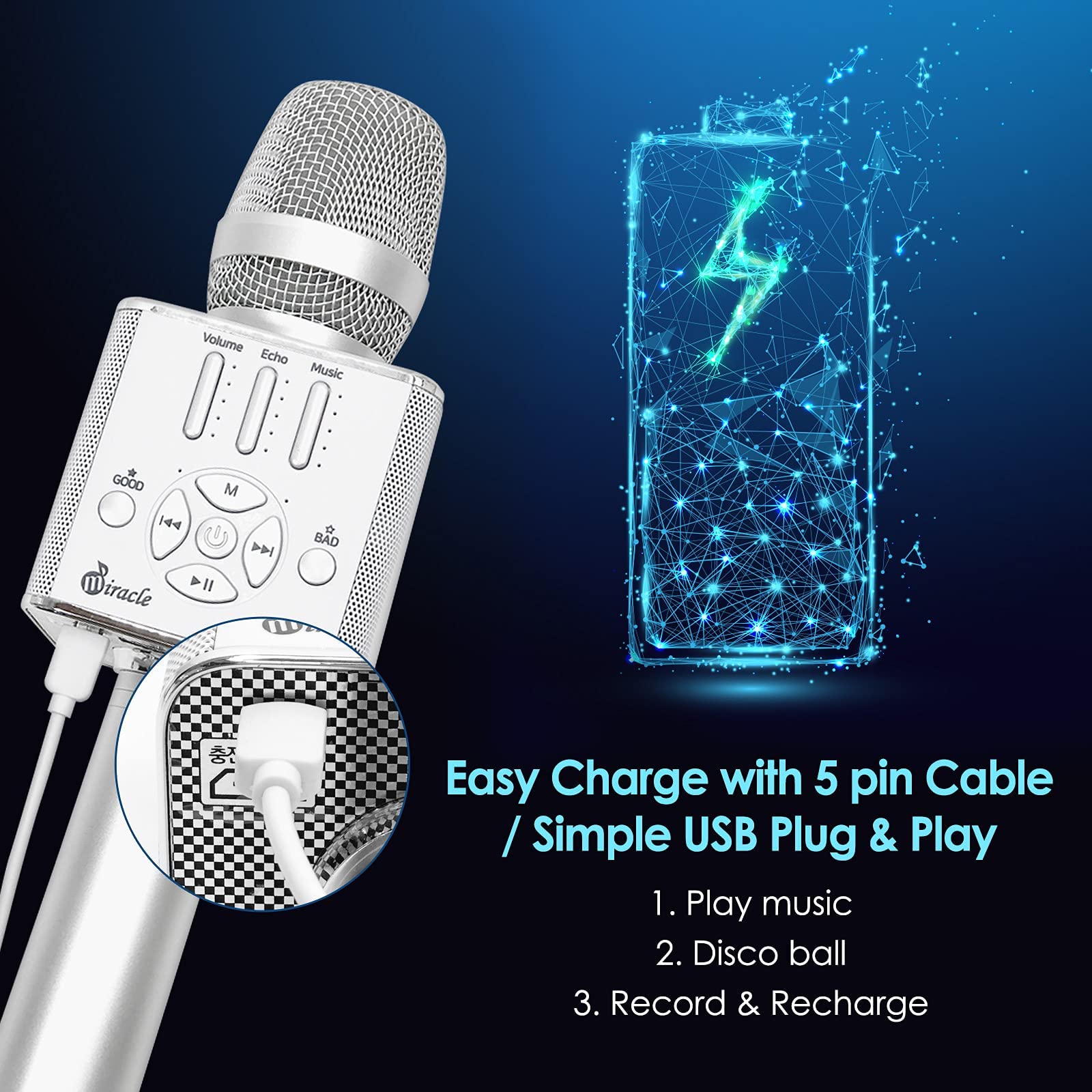 Miracle M90 - Karaoke Microphone Bluetooth - Bluetooth Microphone Wireless - Wireless Microphone for Karaoke - Microphone for Kids and adults - Carpool car Microphone with Speaker - Karaoke mic