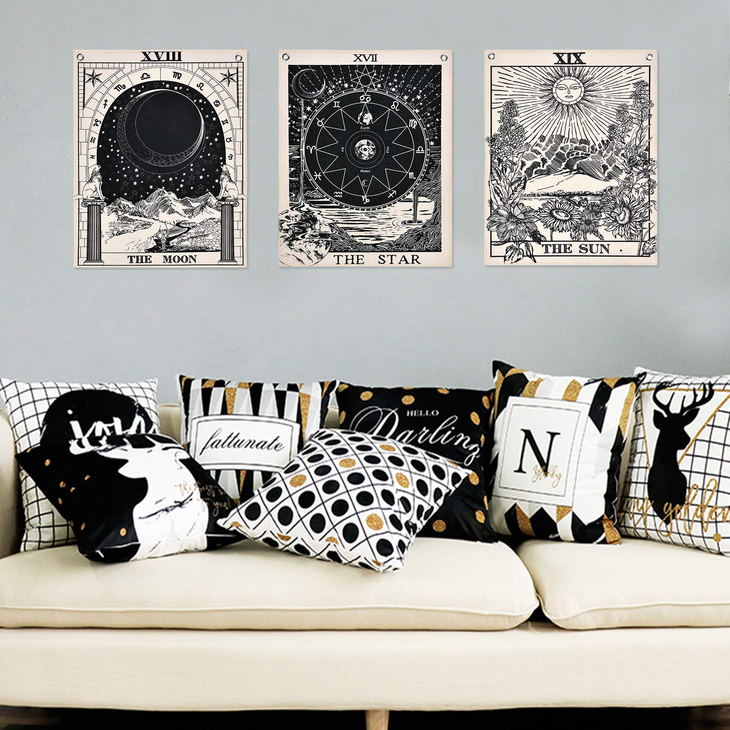 Likiyol Pack of 3 Tarot Tapestry The Sun The Moon The Star Tarot Card Tapestry with Rustproof Grommets, Seamless Nails (Black white, 11.8 x 15.7 inches)