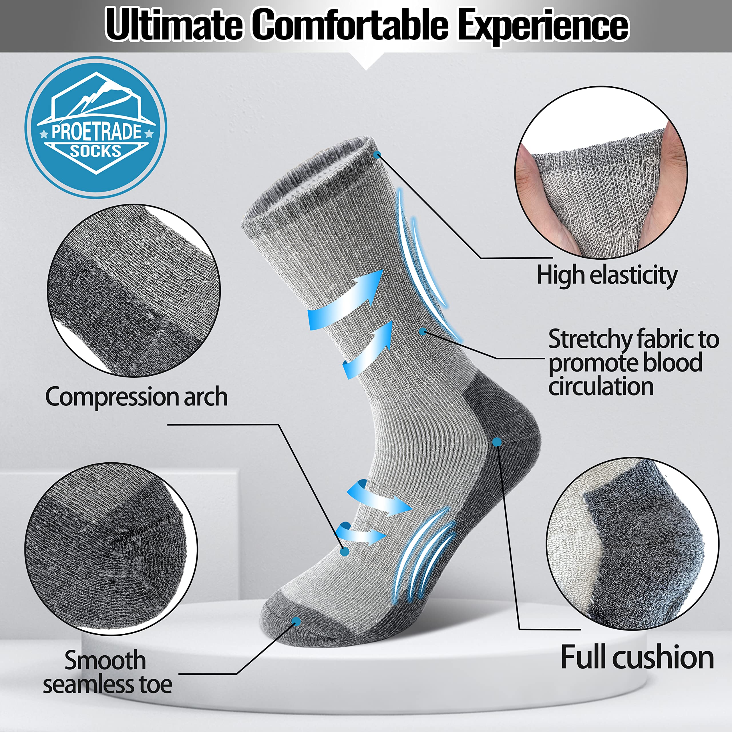 ProEtrade Merino Wool Hiking Socks for Mens Thermal Warm Winter Crew Thick Cushion Boot Work Stockling Stuffers Gift Socks 4 Pairs(Grey,M)