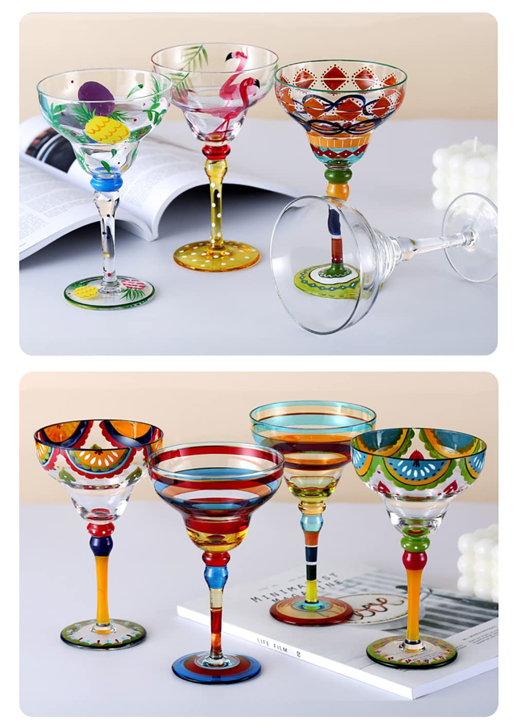 Painted Margarita Glass, Mexican Collection Stemless Margarita Glasses Cup Set Unique/Decorative Hand Blown Glassware Margarita Glasses,D