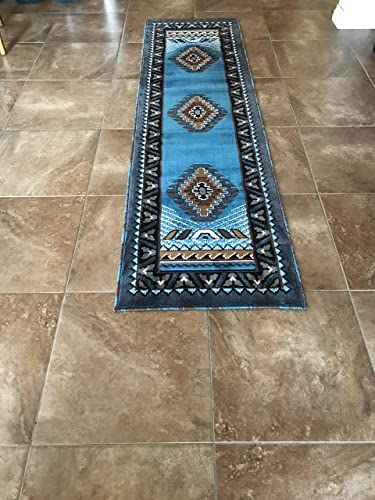 Kingdom Southwest Native American Runner Area Rug Blue & Brown Design D143 (2 Feet X 7 Feet)