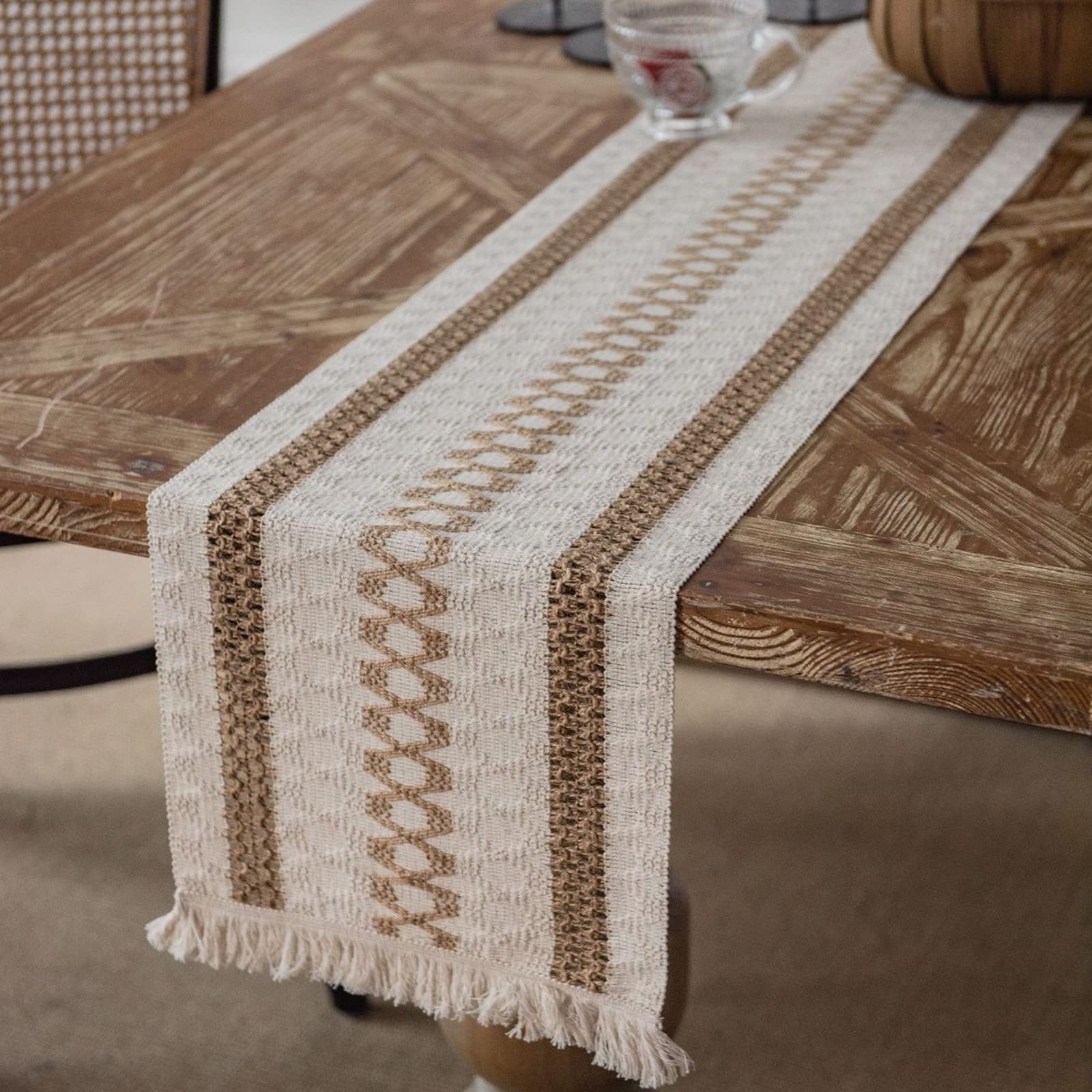 Table Runner 12x72 in, Lizpare Beige Burlap Table Runner with Tassel for Spring Fall Restaurant Decoration Holiday Birthday Wedding Bridal Baby Shower Party Kitchen Coffee Dining Dessert Table Decor