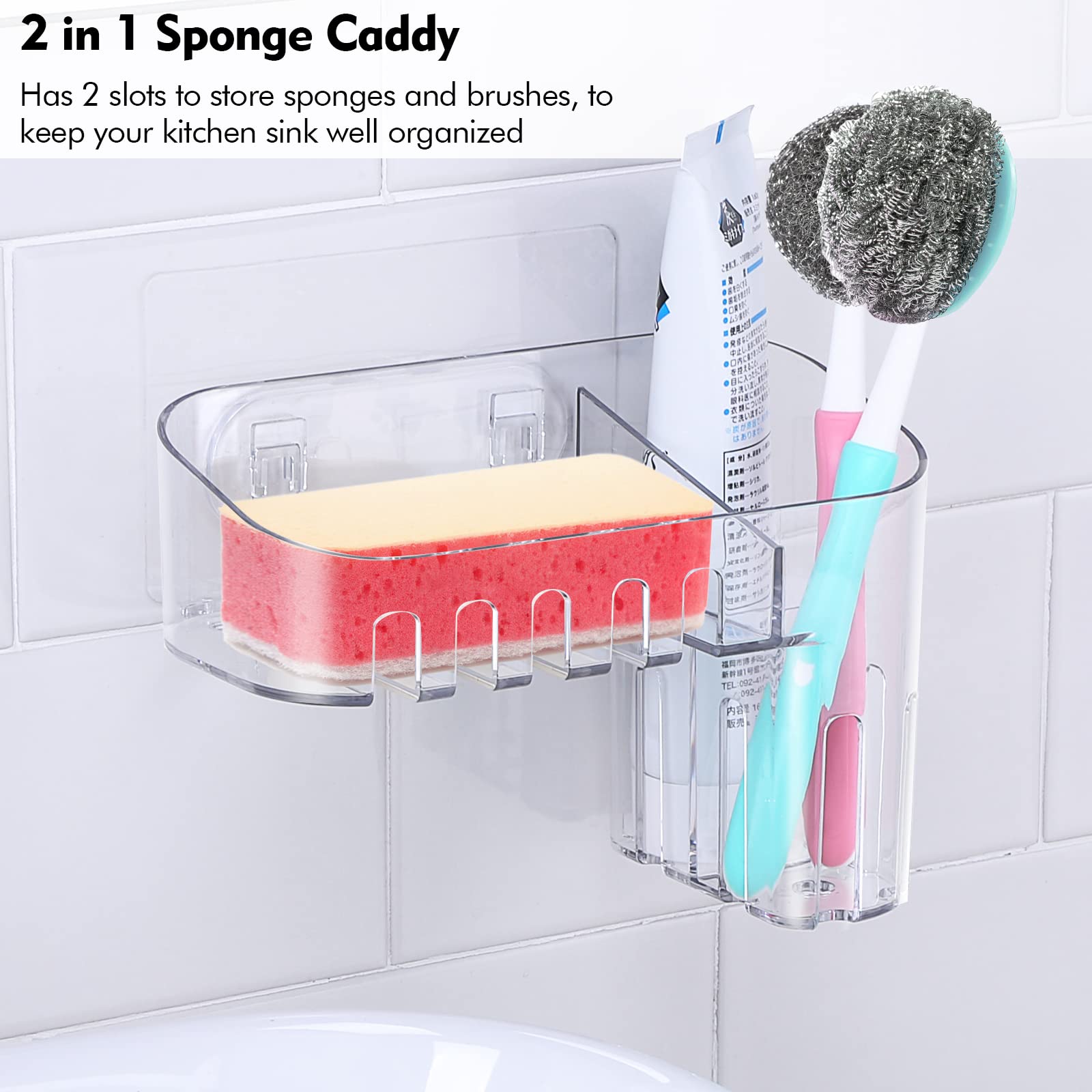 Lunmore Kitchen Sink Caddy, Plastic Sponge and Brush Holder, Adhesive Sink Organizer for Bathroom, Kitchen (Transparent)