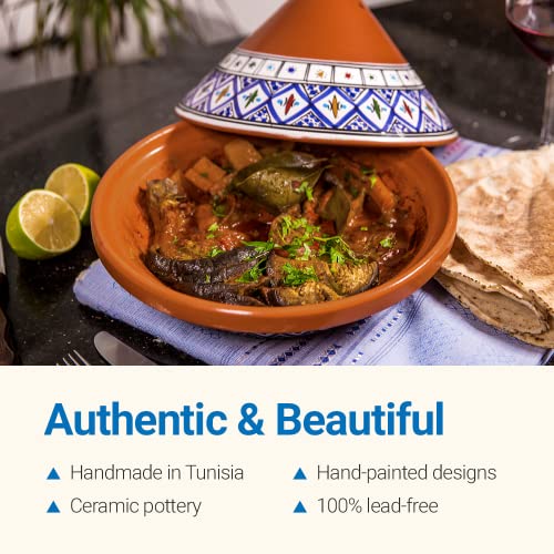 Kamsah Hand Made and Hand Painted Tagine Pot | Moroccan Ceramic Pots For Cooking and Stew Casserole Slow Cooker (Large, Supreme Bohemian Blue)
