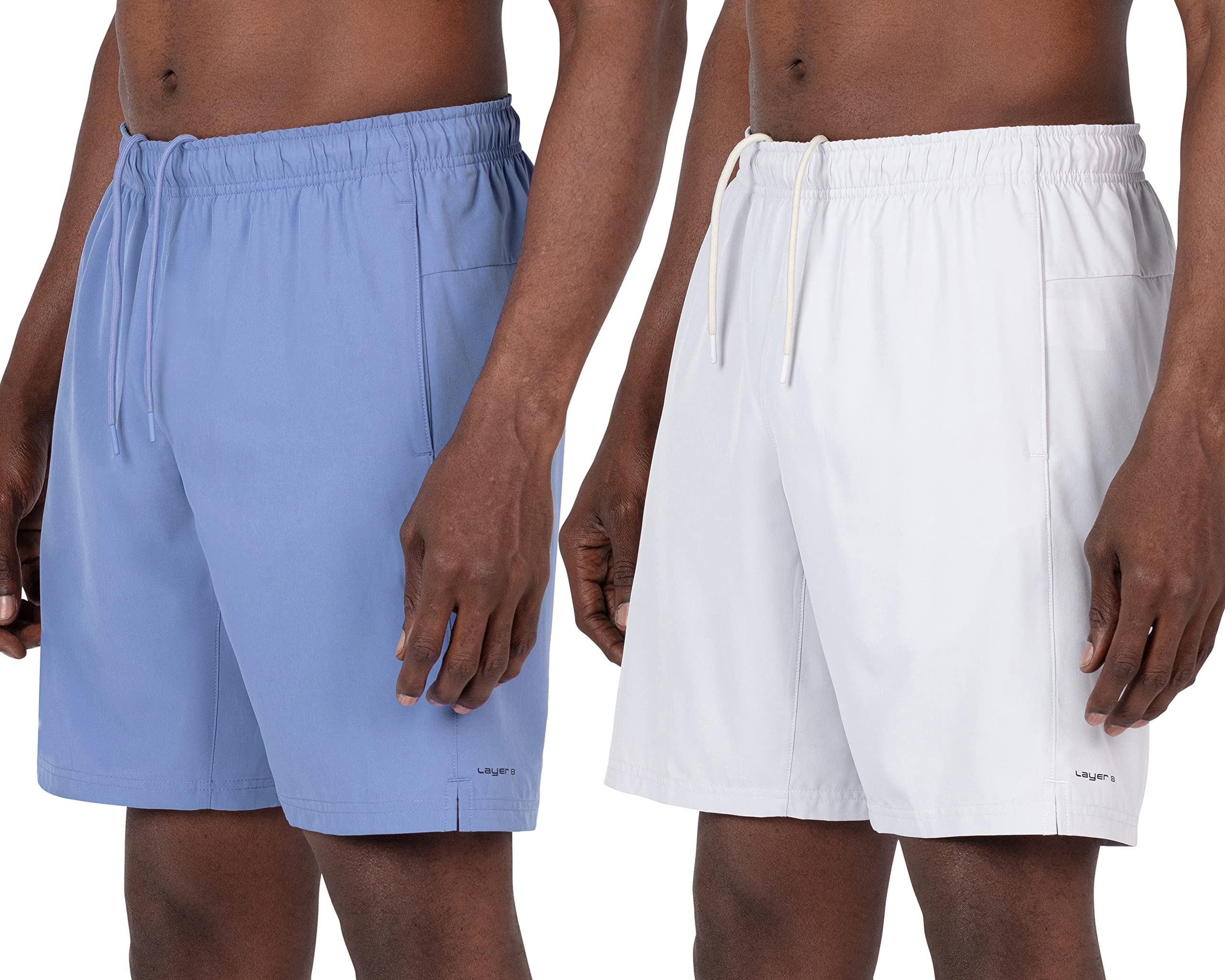 Layer 8 Men’s Shorts Two Pack All Purpose 7 and 9 Inch Woven Stretch Athletic Training Shorts with Pockets and Zip Pocket (Medium Black/Navy 7 Inch 2 Pack)