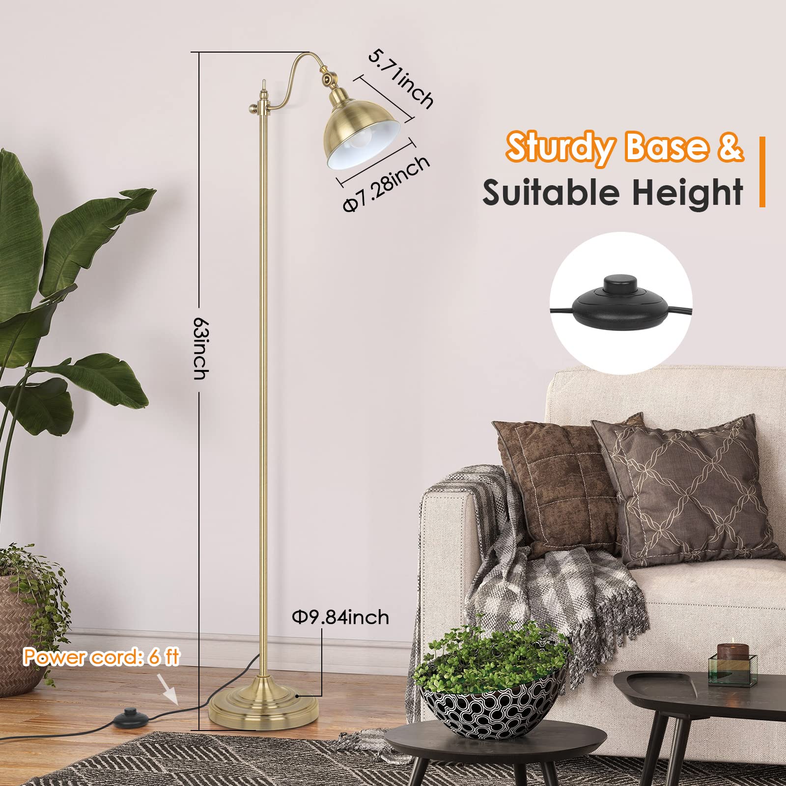 Mlambert Industrial Floor Lamp,63” LED Floor Lamp with LED Bulb,Adjustable Metal Head,Foot Switch,Tall Lamp for Livingroom,Bedroom,Corner Lamp- Brass