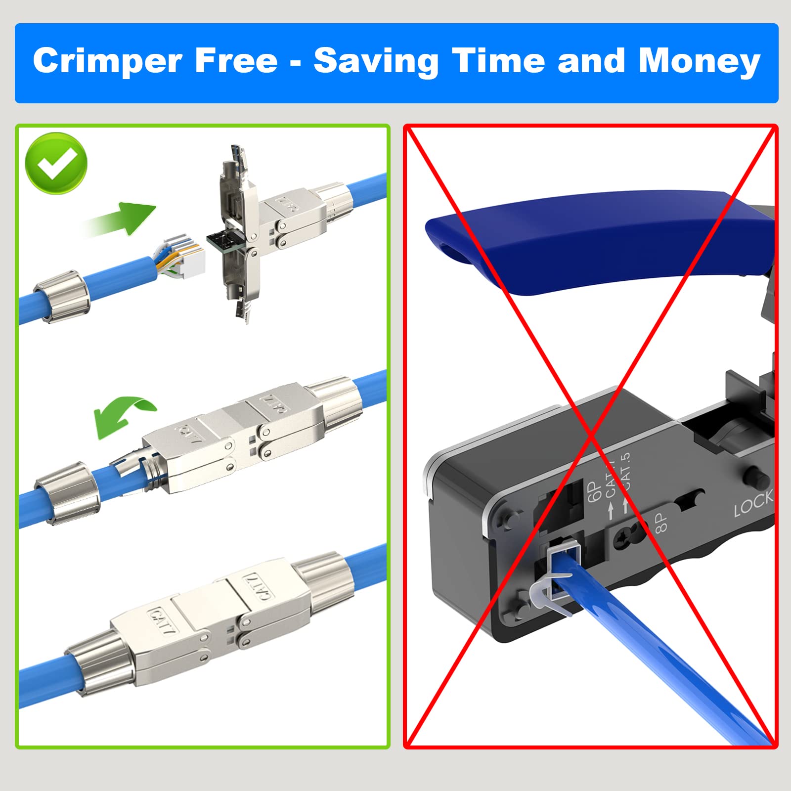 VCELINK Tool-Free RJ45 Coupler Shielded, Ethernet Cable Extender PoE+ for Cat7/Cat6a/Cat6 Network Cables 2 Pack, Silver