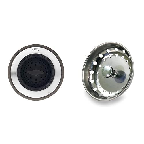 OXO Good Grips 2-in-1 Sink Strainer Stopper & Highcraft 97333 Kitchen Sink Basket Strainer Replacement for Standard Drains (3-1/2 Inch) Chrome Plated Stainless Steel Body With Rubber Stopper, Single