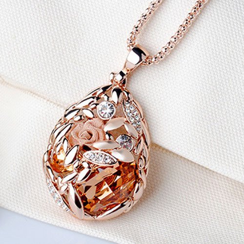 Latigerf Women's Rose Gold Plated Flower Teardrop Champagne Austrian Crystal Necklace Pendant