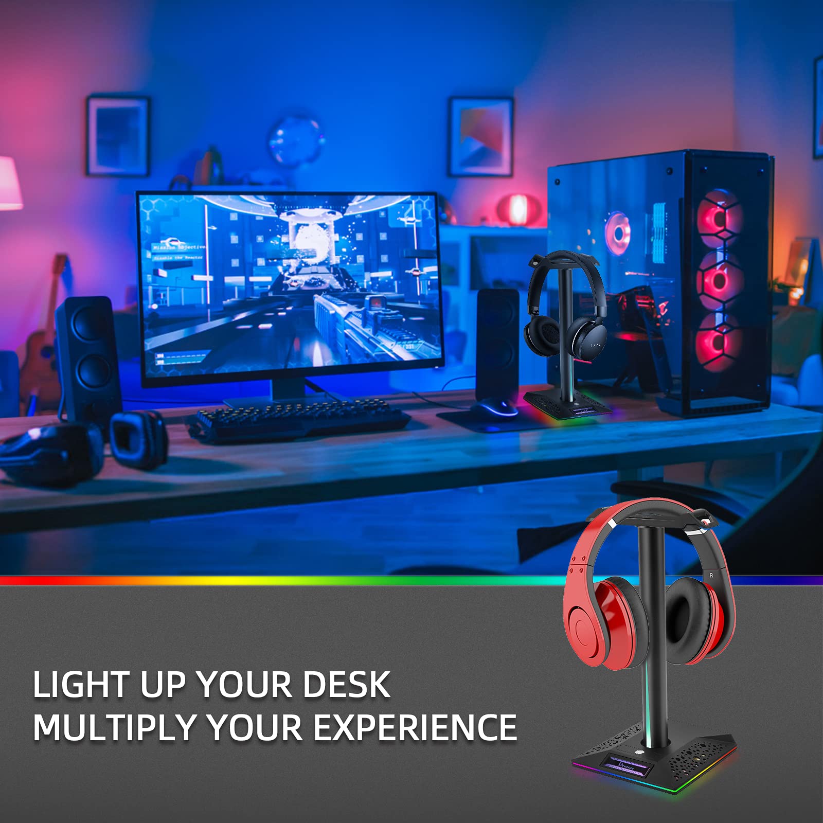 Mignor 2 in 1 RGB Gaming Headphone Stand with 2 USB Charging 3.5MM 9 Modes Touch Control, Dual Headset Holder for DJ Desktop Gamers Earphone Accessories