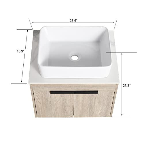 Lifeand 24" Modern Design Float Bathroom Ceramic Basin Set, Wall Mounted Vanity with Soft Close Door,2 Pieces Parcel,White Oak