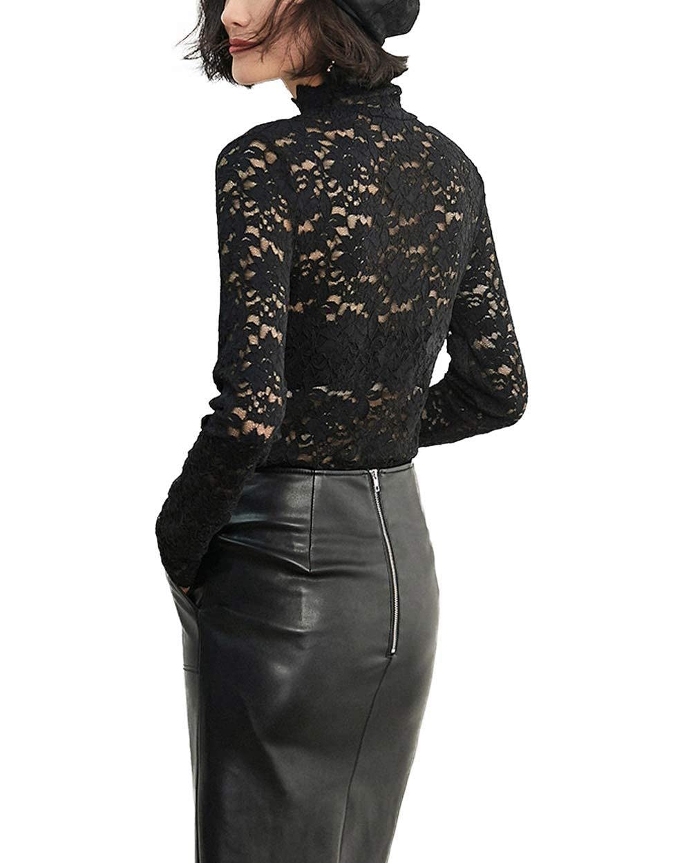 QiuDumo Lace Undershirt Long Sleeve T-Shirt Basic Layer Tee Slimming Top Black XL