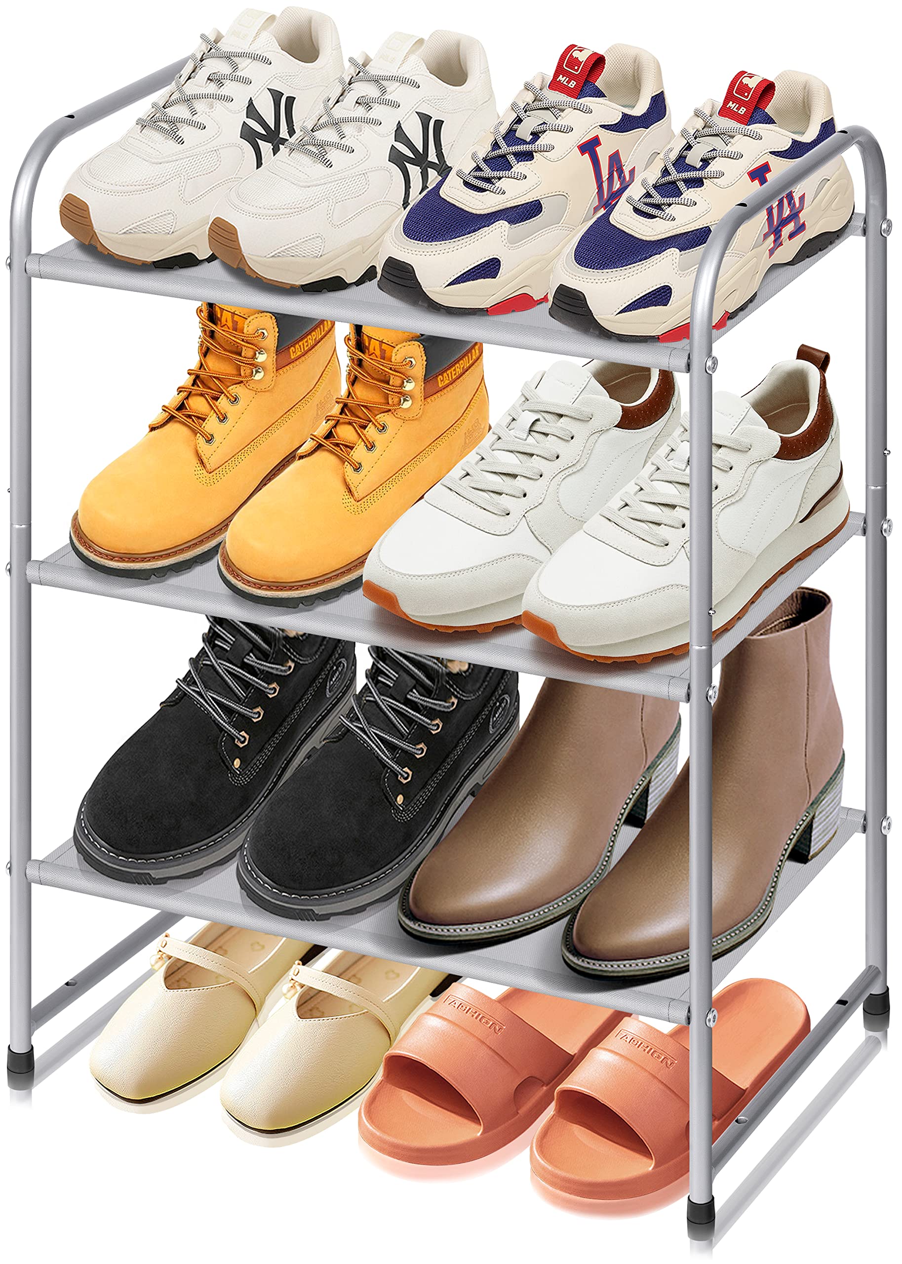 KIMBORA 3-Tier Small Shoe Rack 8-Pairs Stackable Narrow Shoe Storage Organizer Heavy Duty Shoe Shelf for Bedroom Closet, Entryway, Hallway (Grey)