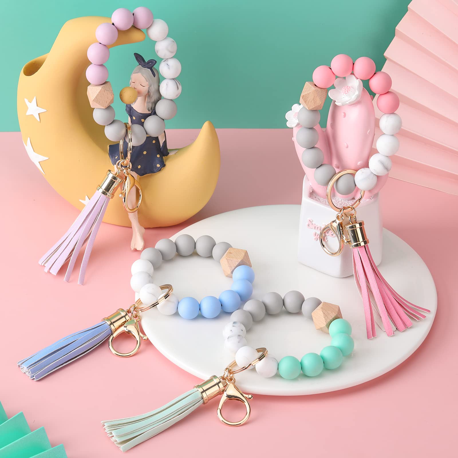 Otuuz 4 Pcs Women Macaron Color Key Ring Bracelets Wristlet Bead Keychain Leather Tassel Keychain Elastic Beaded Bracelet Portable Wristlet Bangle Keychain for Car Key Holder