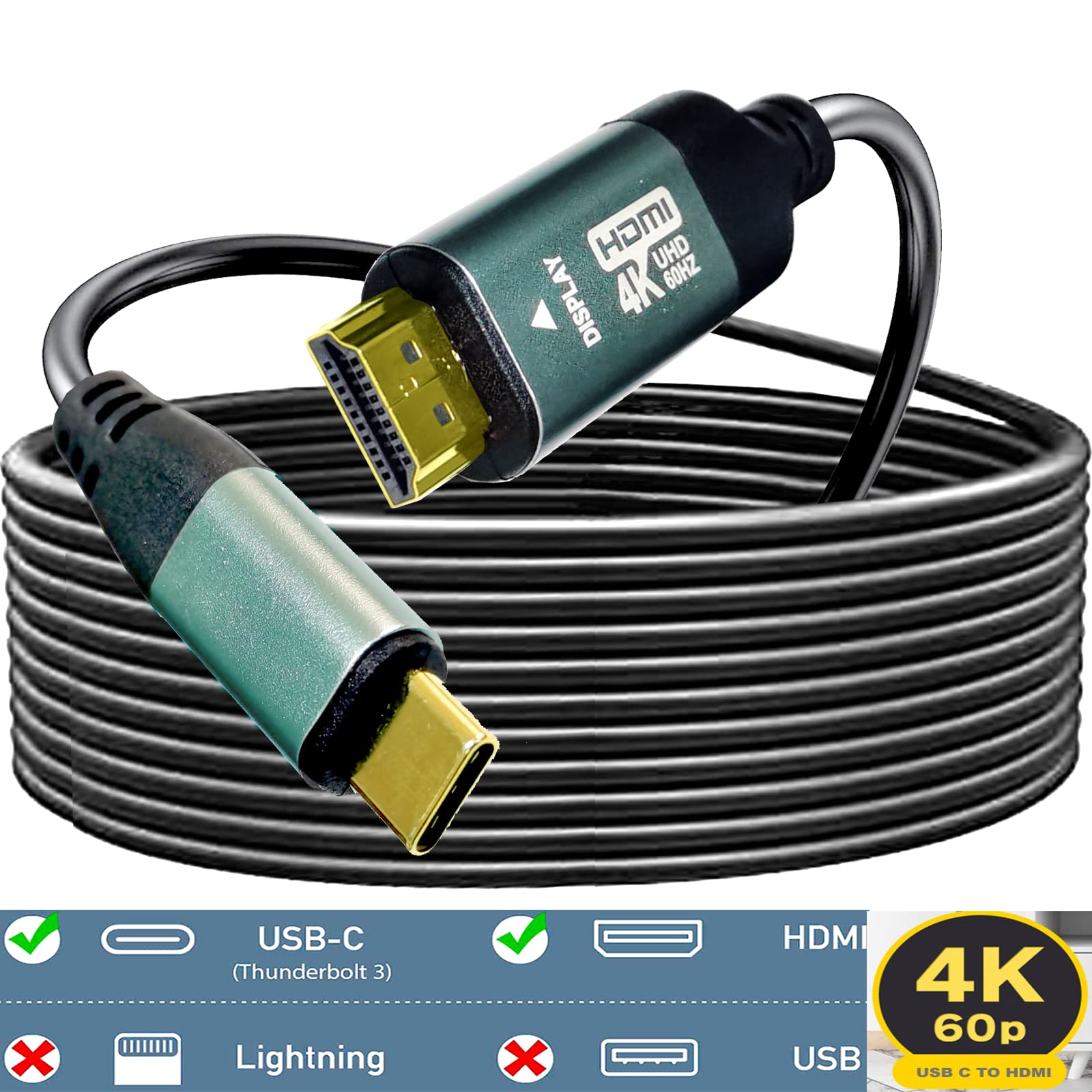 USB C to HDMI Cable 10FT with IC, 4K@60HZ Type-C to HDMI for MacBook Pro/Air, iMac, Galaxy S20 S10 S9 S8, Surface, Dell, HP, MacBook Pro, MacBook Air, iPad Pro, Pixelbook, XPS, Galaxy, and More