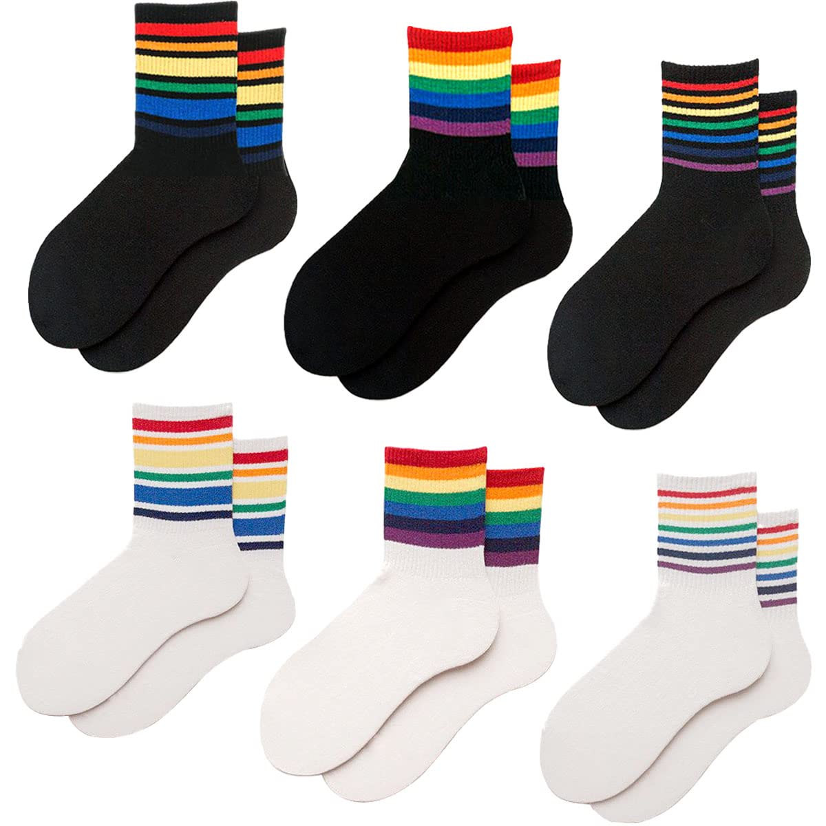 Ronglry 6Pairs Rainbow Striped Socks for Women Men Pride Crew Socks Colorful Novelty Cotton Socks Rainbow Pride Socks High Rainbow Funny Socks for Pride Sport Athletic Socks Rainbow Tube Socks Gifts-A