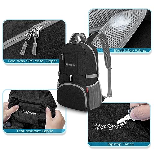 ZOMAKE Lightweight Packable Backpack 25L - Small Foldable Hiking Daypack for Travel - Tear Resistant Day pack for Women Men Camping Outdoor Sports(Black)